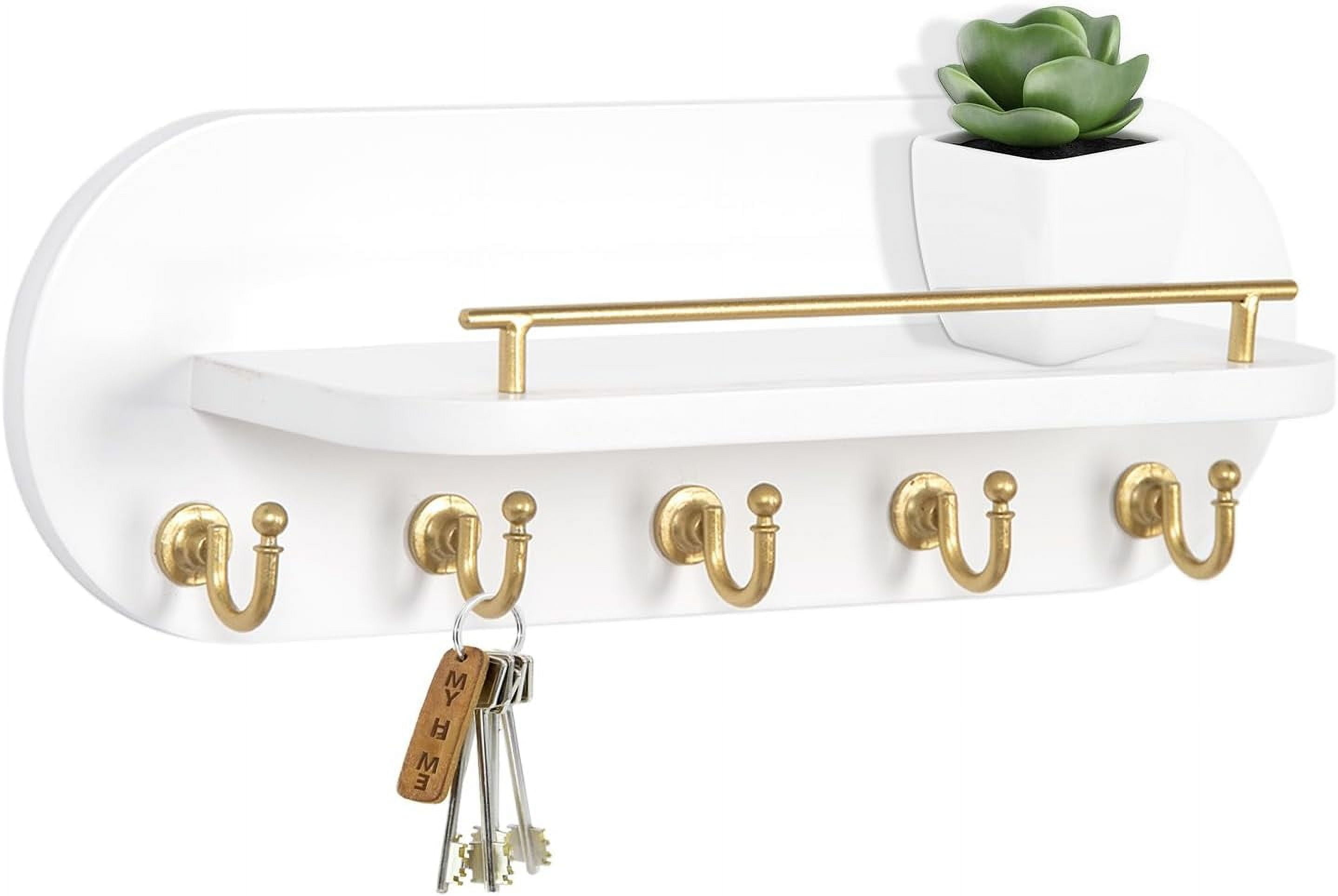 Key Holder Wall Mount White Wood Entryway Rack with 5 Gold Hooks, Metal ...
