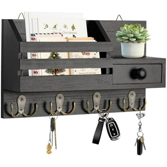 Key Holder Wall Mount, Wooden Adhesive Mail and Key Organizer with ...