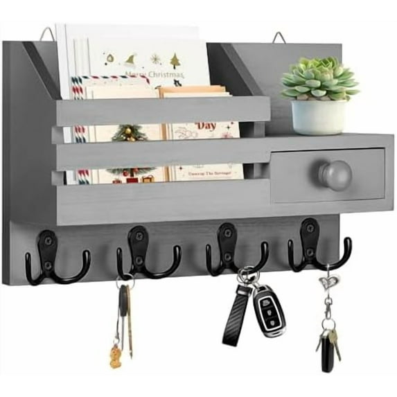 Key Holder Wall Mount, Wooden Adhesive Mail and Key Organizer with ...