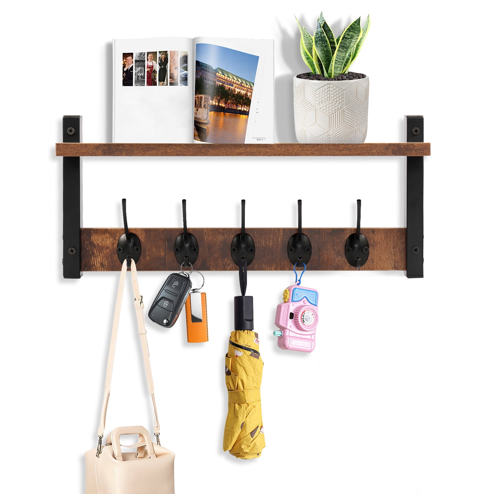 Key Holder for Wall Mounted Entryway Floating Shelf with 5 Metal Hooks ...