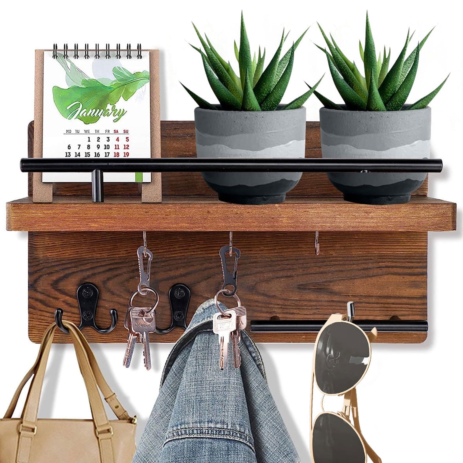 Key Holder for Wall with Shelf and Hooks, Key Holder Wall mount Wooden ...