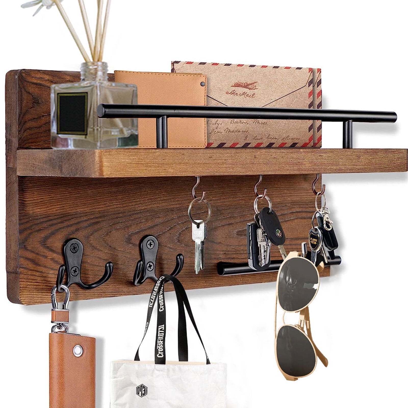 DERCLIVE Key Holder for Wall, 5 Hooks, Wooden Mail Rack Organizer with ...