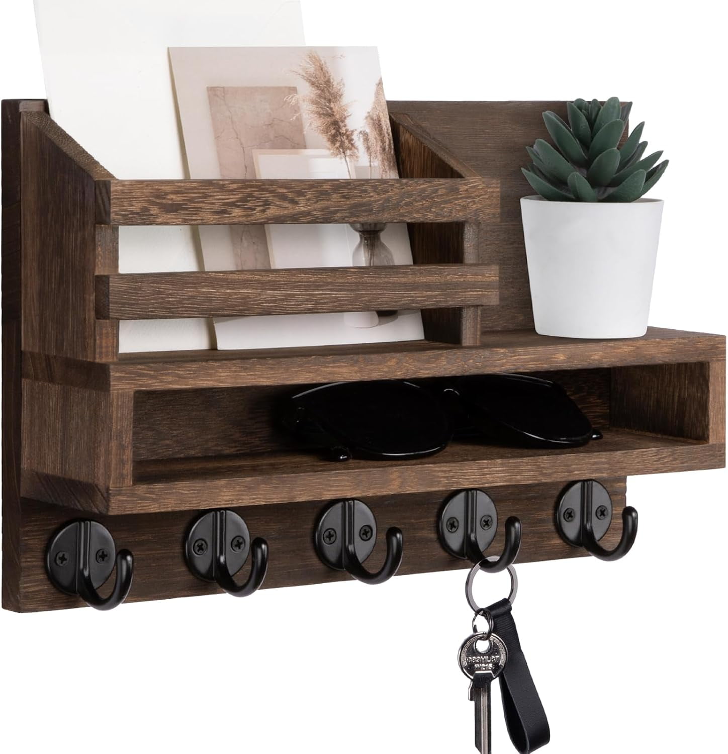 Key and Mail Holder Wall Mount, Key Hanger with Long Storage Box and 5 Hooks for Coat, Dog Leash ...