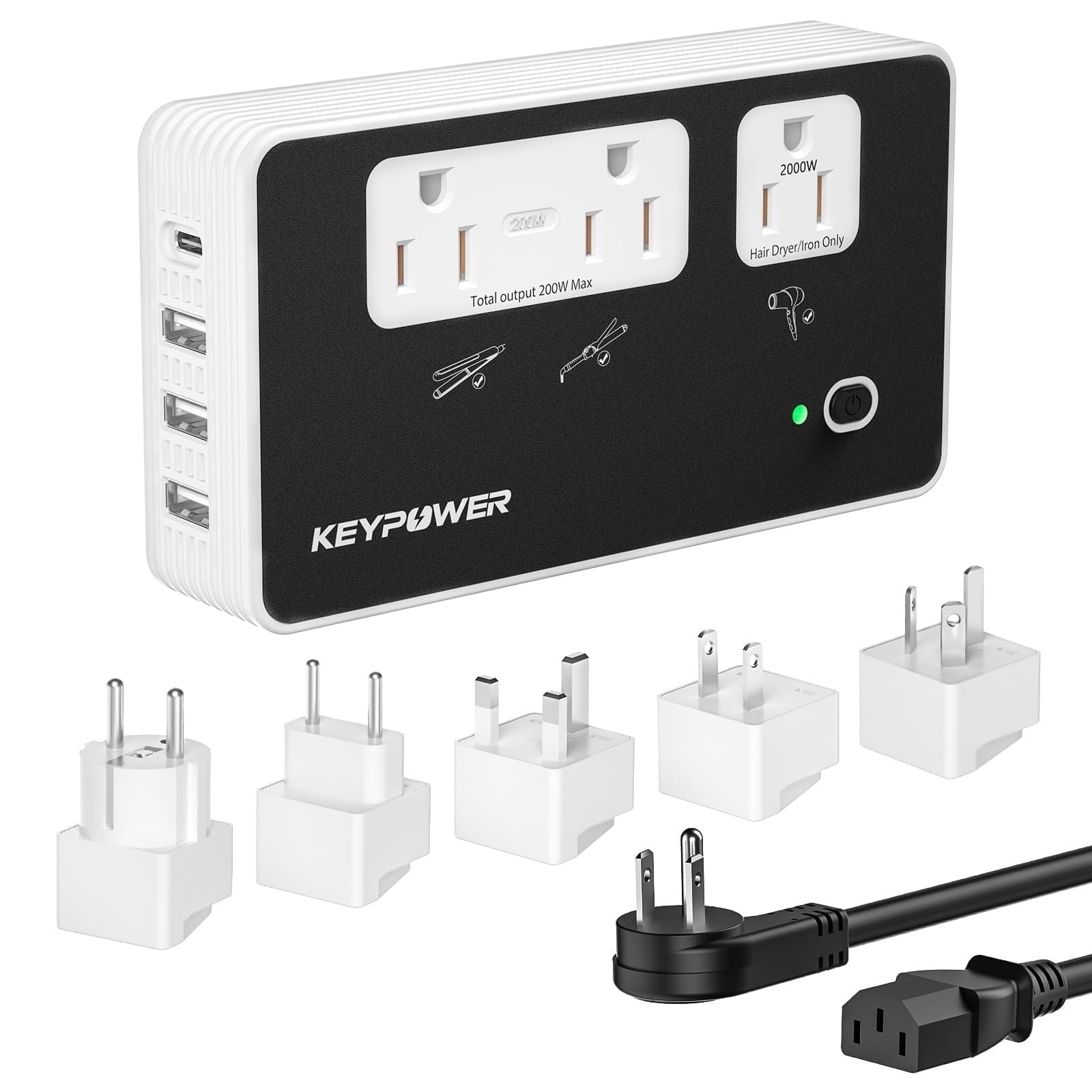 Key Power 2000W Voltage Converter US to Europe with 3 AC & 4 USB ...