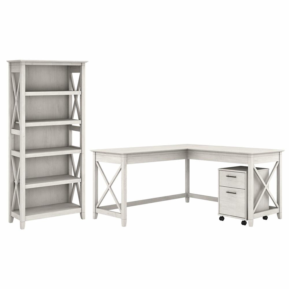 Key West 60W L Shaped Desk with Drawers and Bookcase in White ...