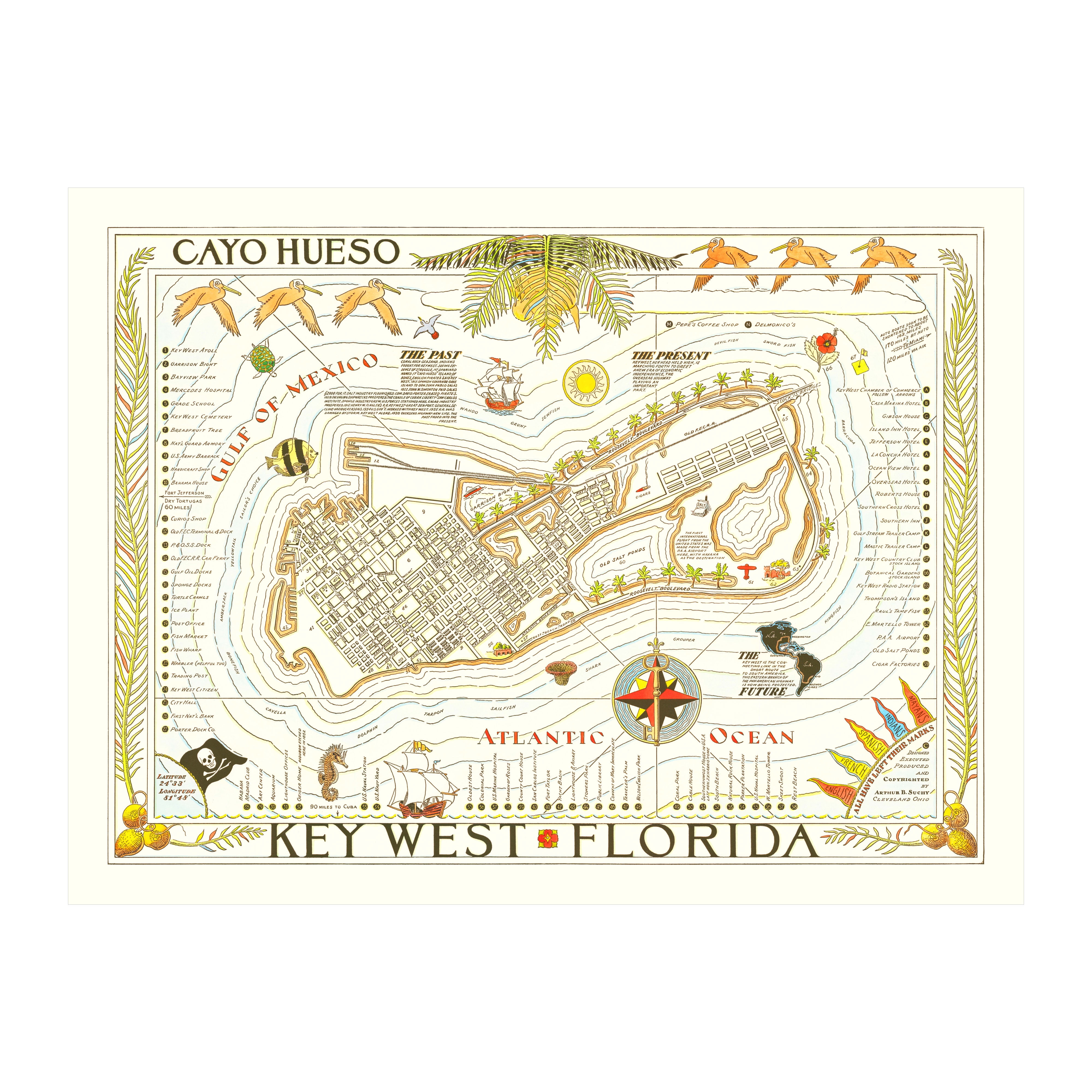 Key West Art, 1940 Vintage Map of Key West Florida, FL History Wall ...