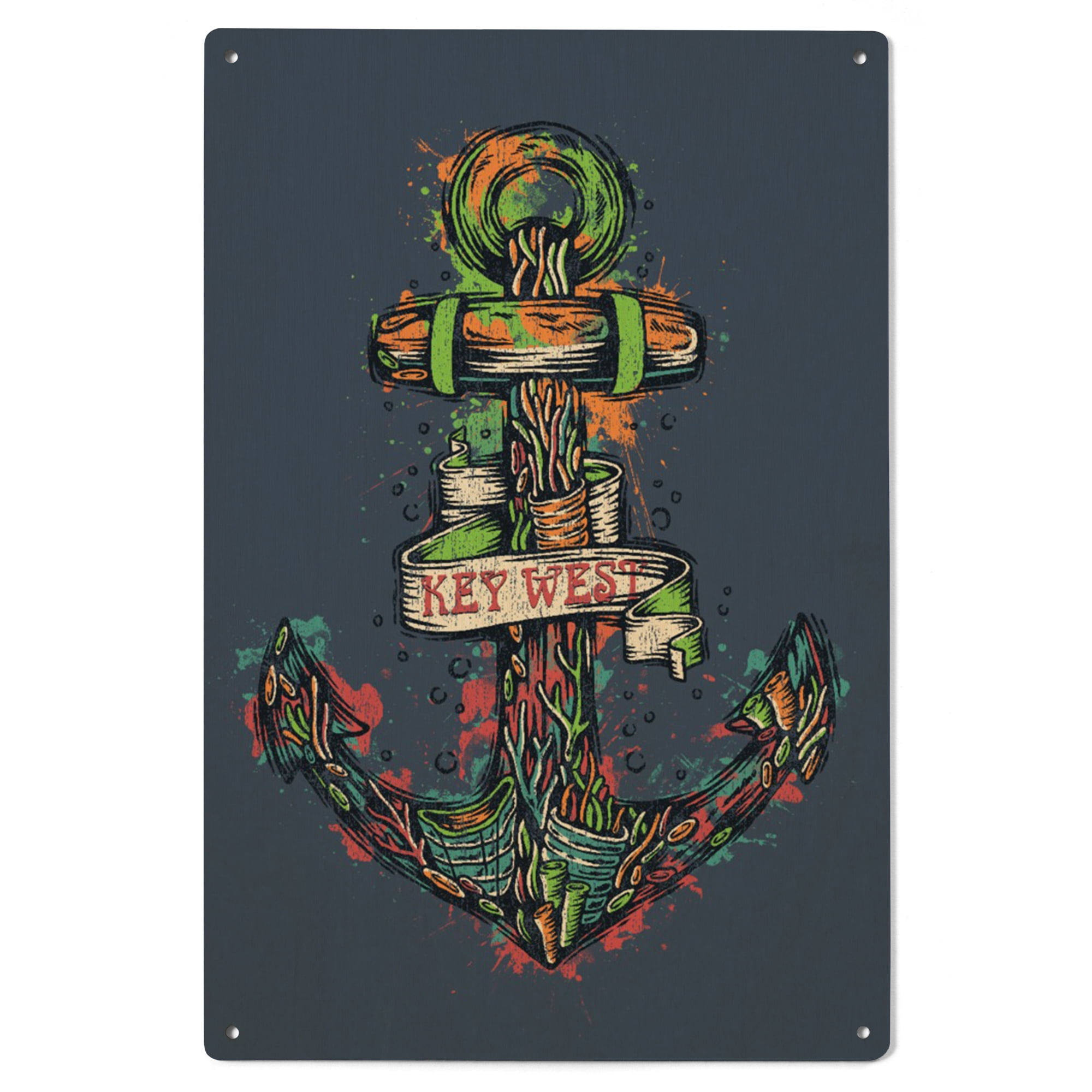 Key West, Florida, Anchor, Colorful Paint Splatter Birch Wood Wall Sign ...