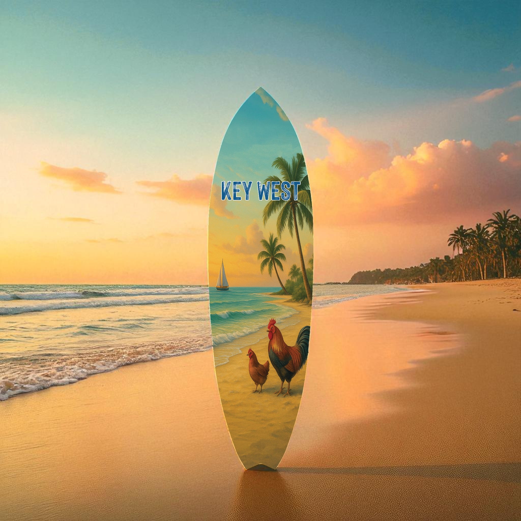 Key West Surfboard Wall Art – Chickens on the Beach Coastal Decor ...