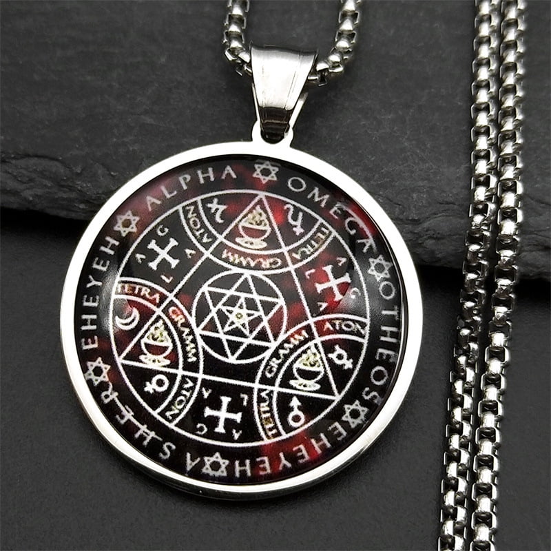 Key of Solomon Sigil Glass Round Necklace For Women Men 14K Yellow Gold ...