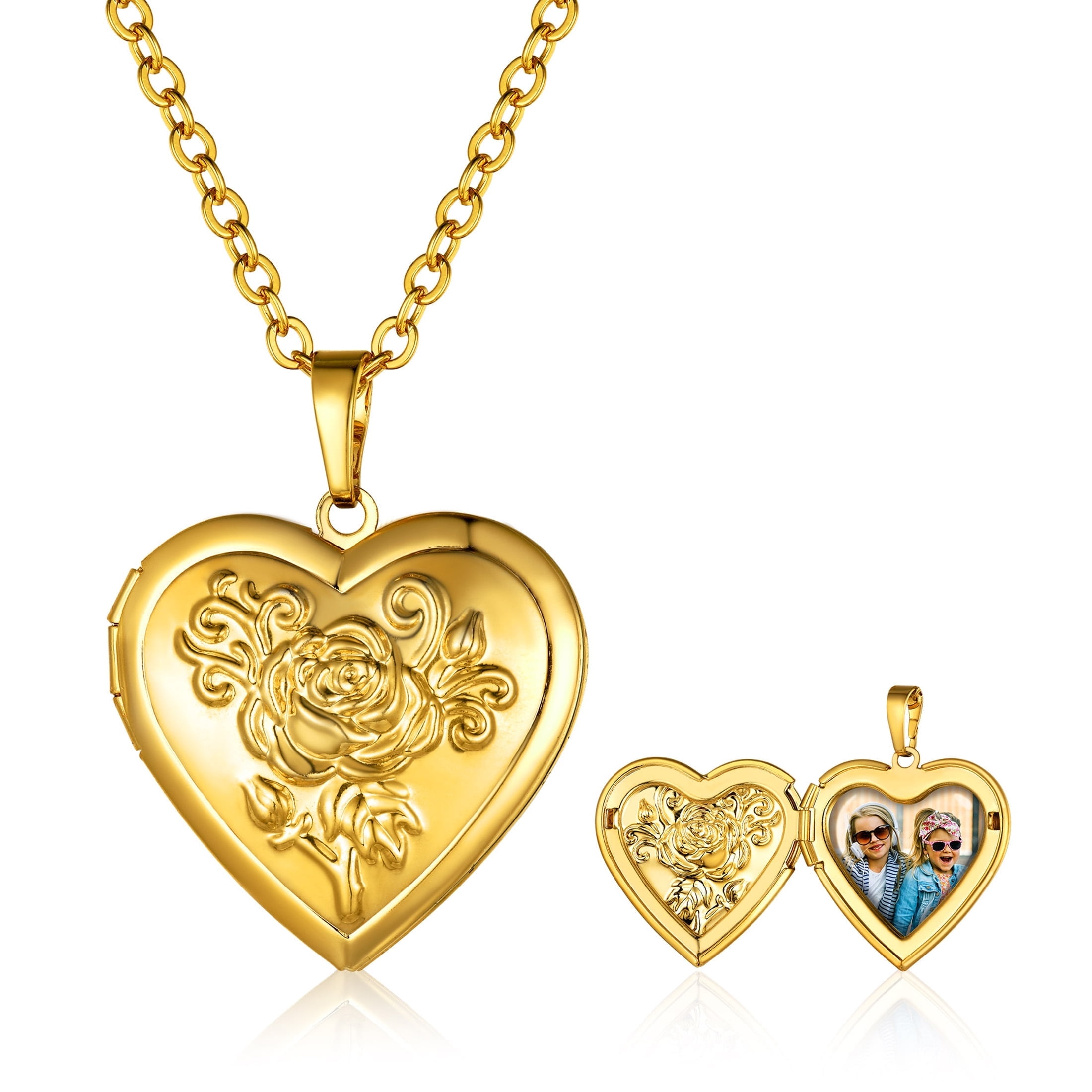 KeyStyle Heart Photo Locket Necklace for Women Rose Floral Gold Plated ...