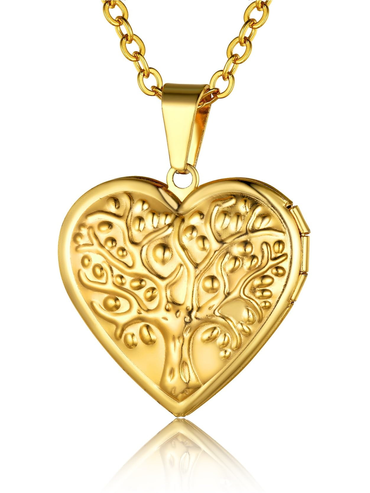 KeyStyle Heart Photo Locket Necklace for Women Tree Pattern Gold Plated ...