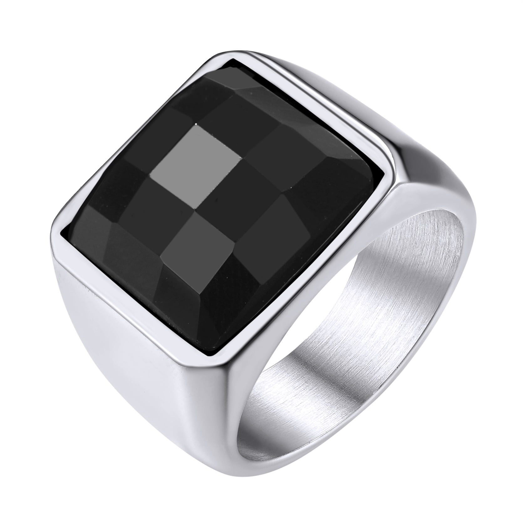 KeyStyle Rings for Men Stainless Steel Signet Ring with Black Topaz ...