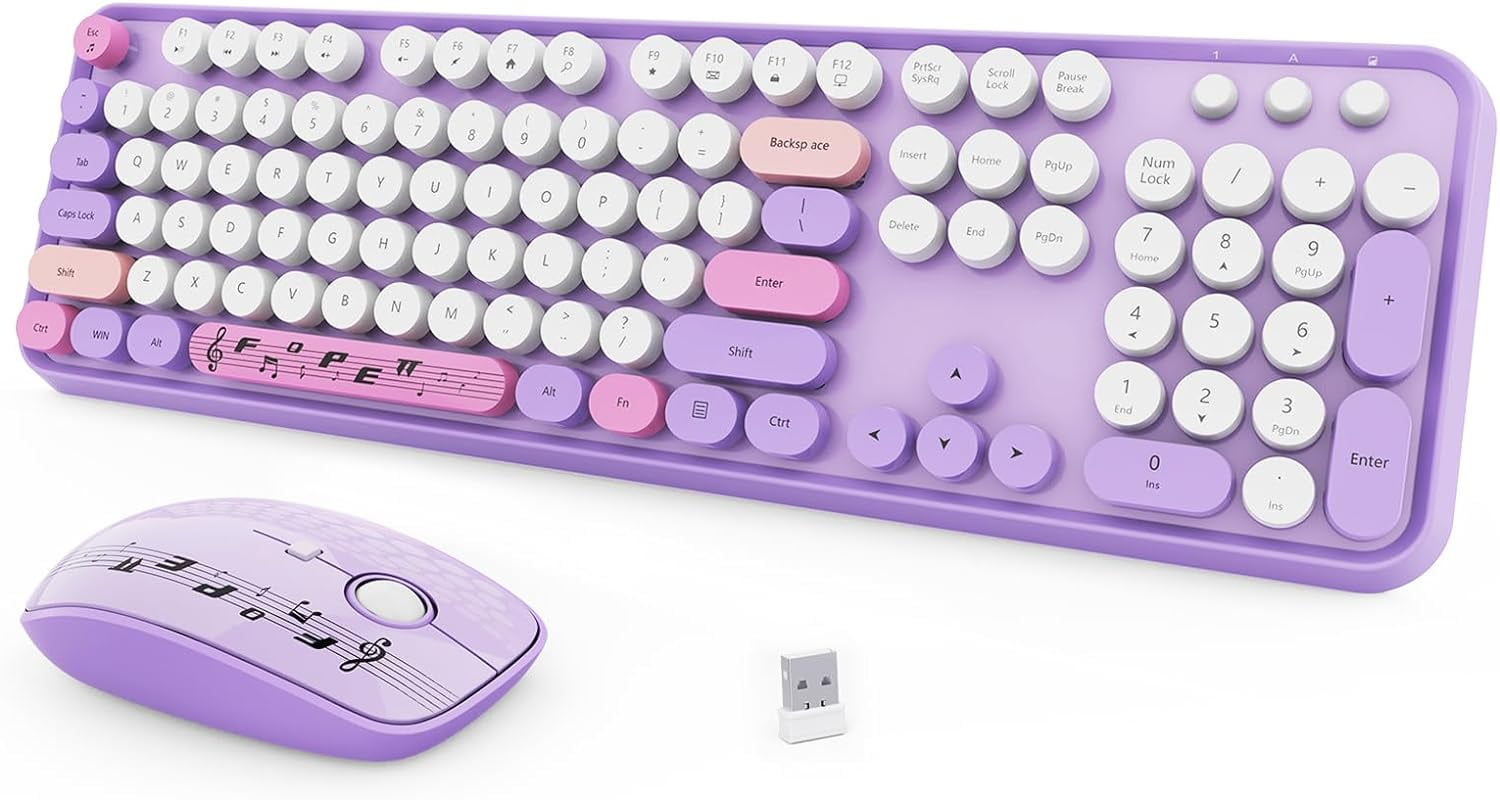 Keyboard Mouse Combo,Purple Retro Typewriter Keyboard with Round ...