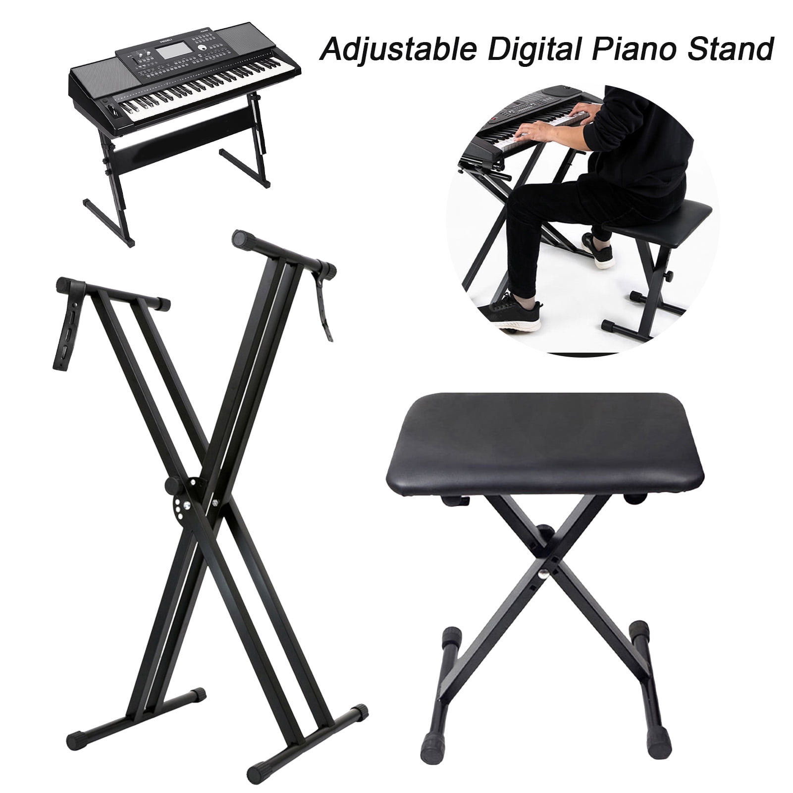Keyboard Stand Piano Bench Set 7 Heights Adjustable Portable Heavy Duty ...