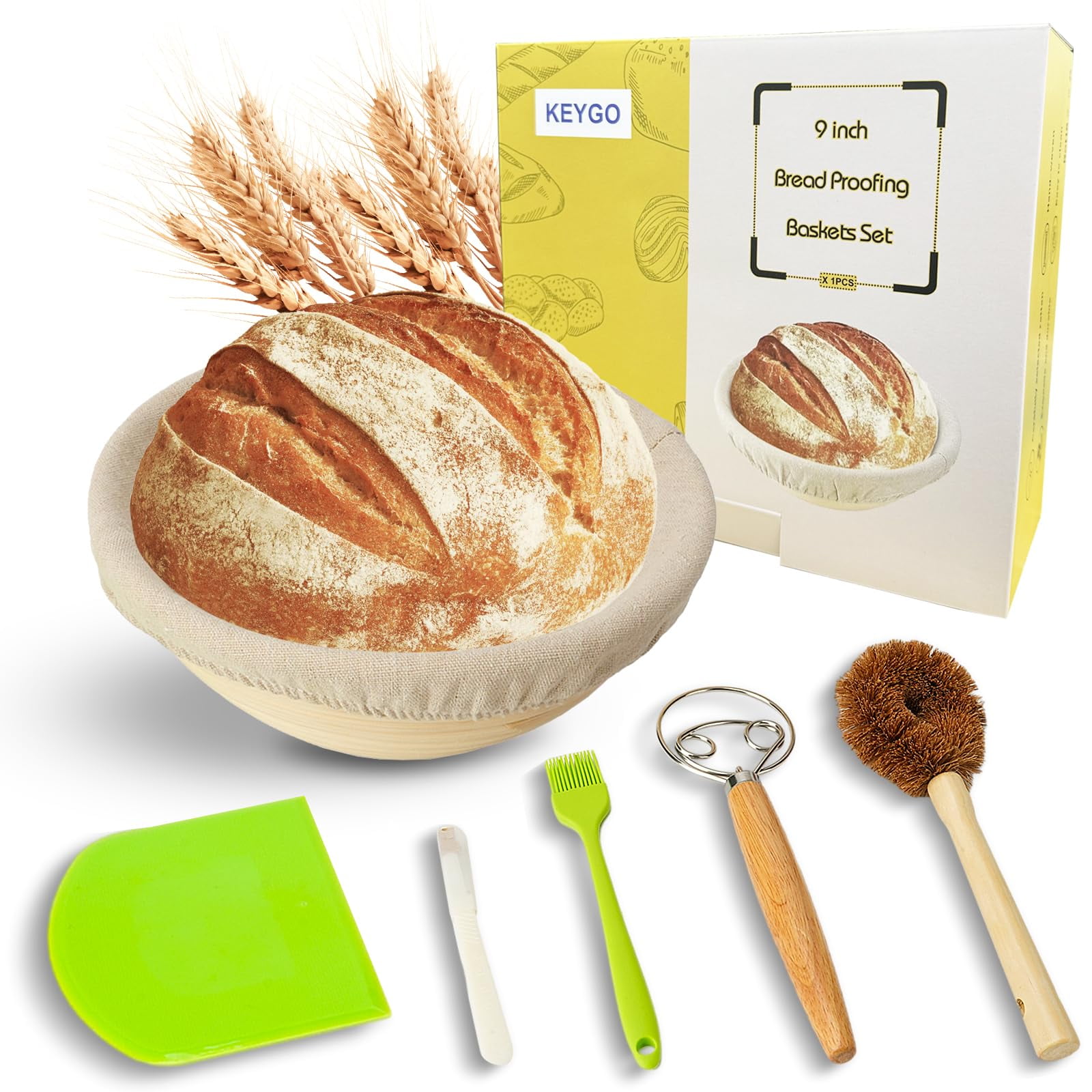 Keygo Bread Proofing Basket Set, 9 Inch Round Sourdough Banneton Basket ...