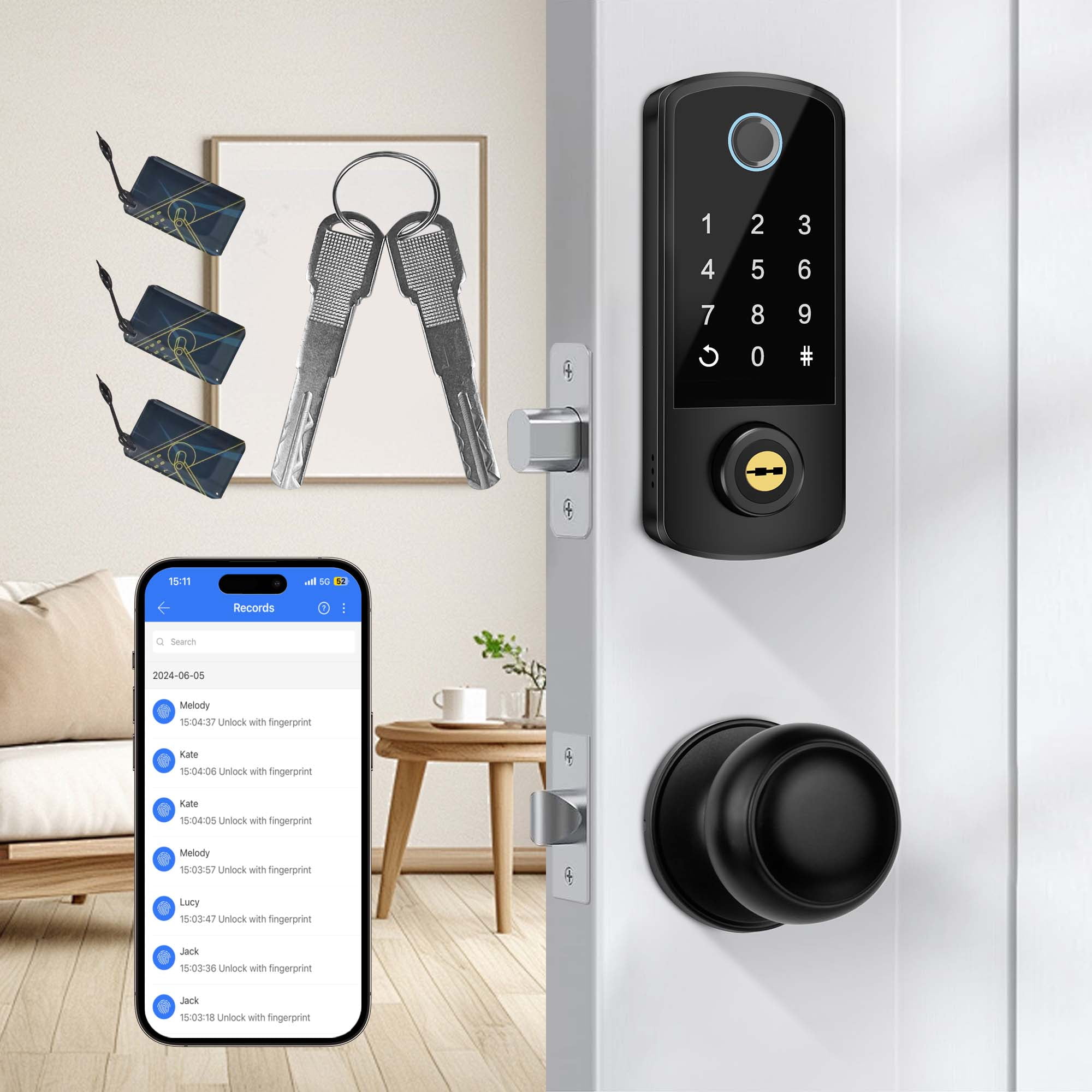 Keyless Entry Door Lock with Knobs, Fingerprint Deadbolt Door Lock ...