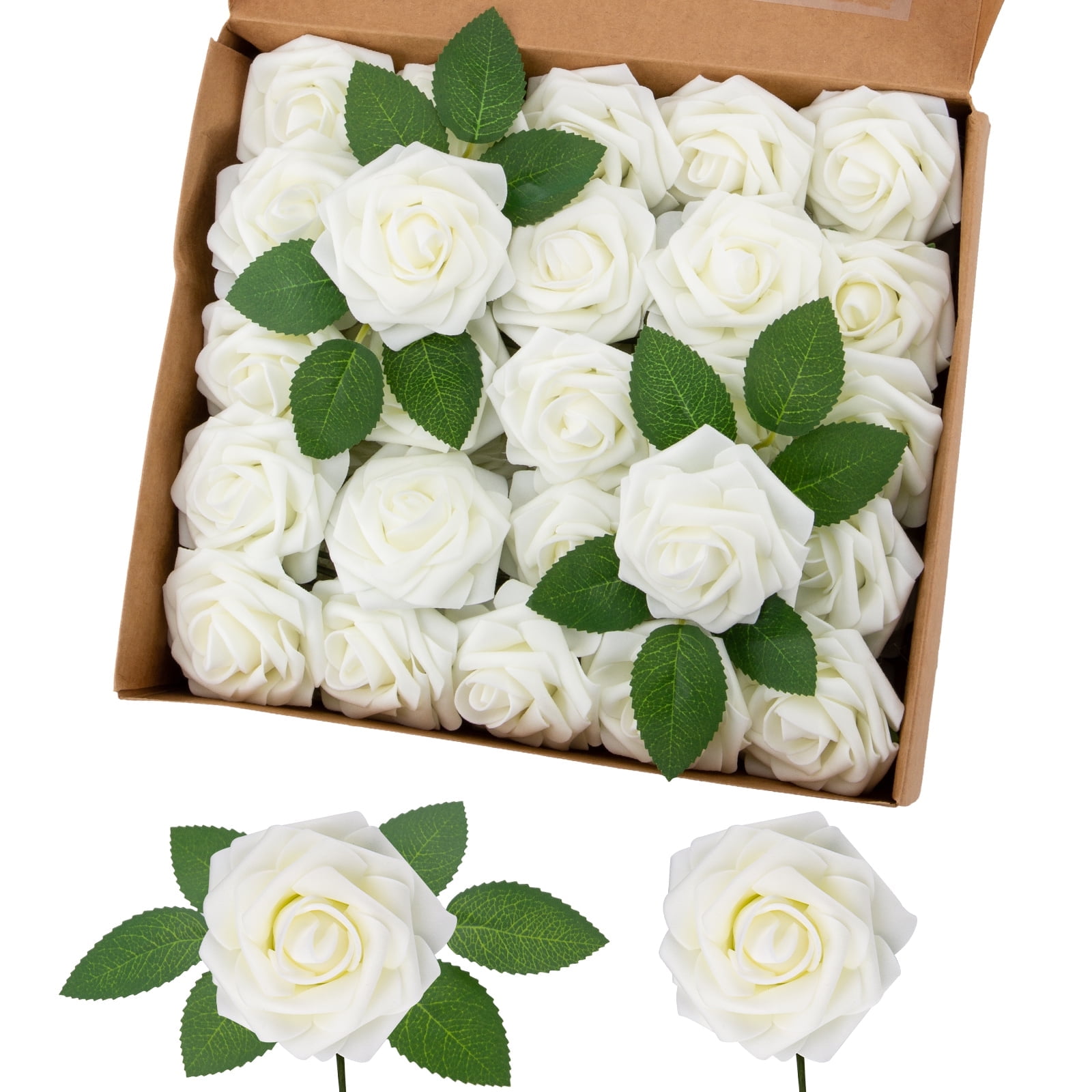 Keylever 25 Pcs Artificial Flowers Ivory White Fake Foam Roses Bulk ...