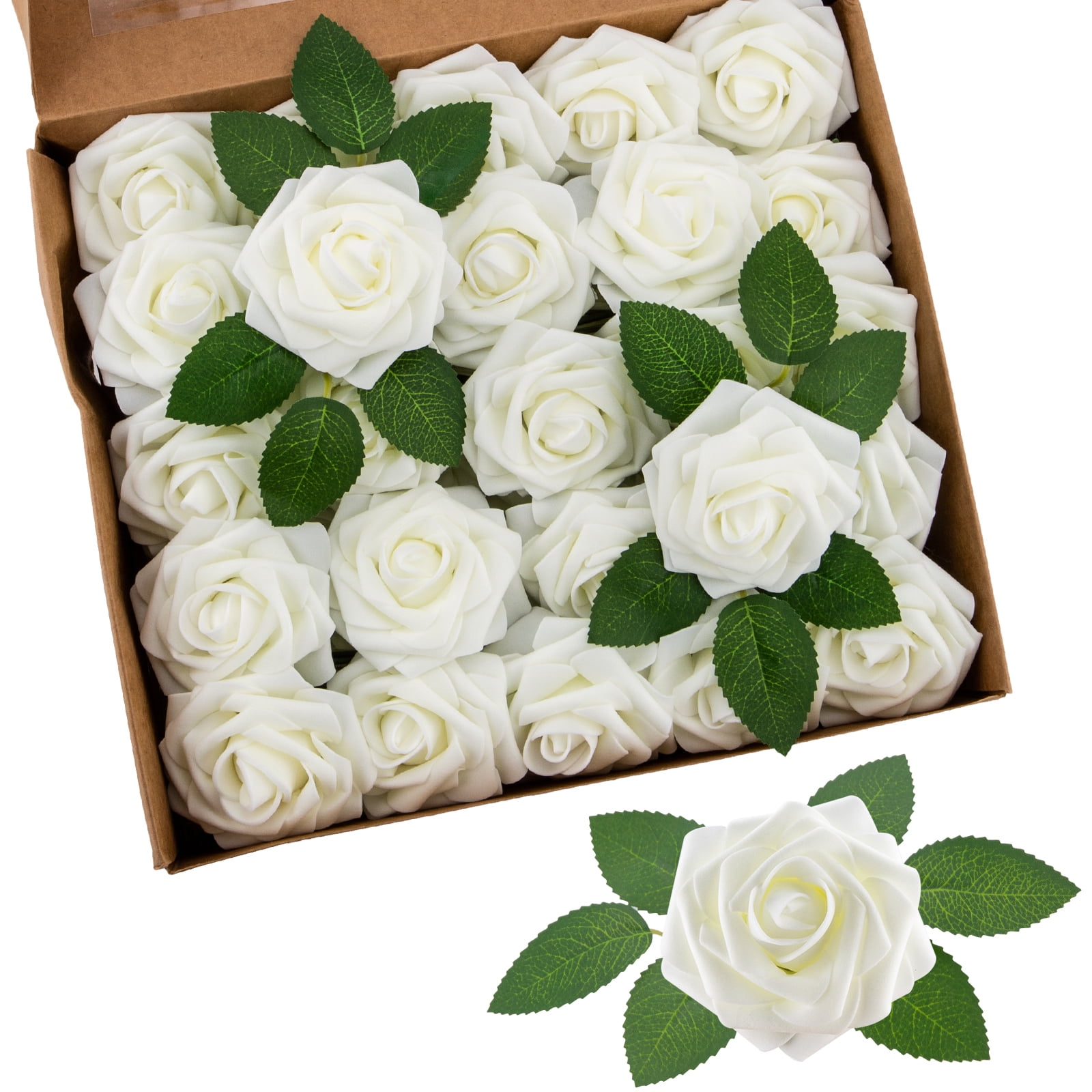 Keylever 50 Pcs Artificial Flowers Ivory White Fake Foam Roses Bulk ...