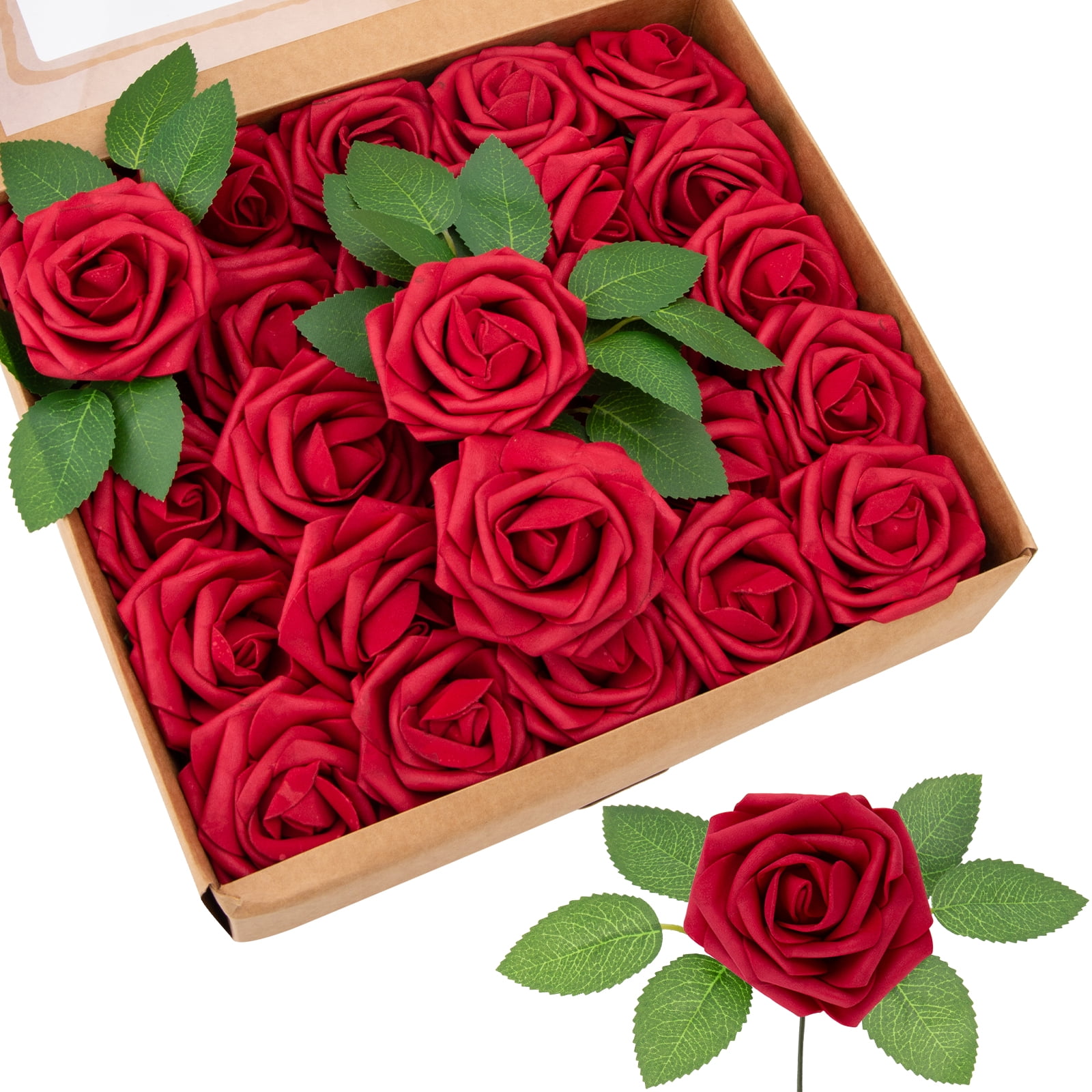 Keylever 50 Pcs Faux Artificial Flowers Red Fake Foam Roses Bulk with ...