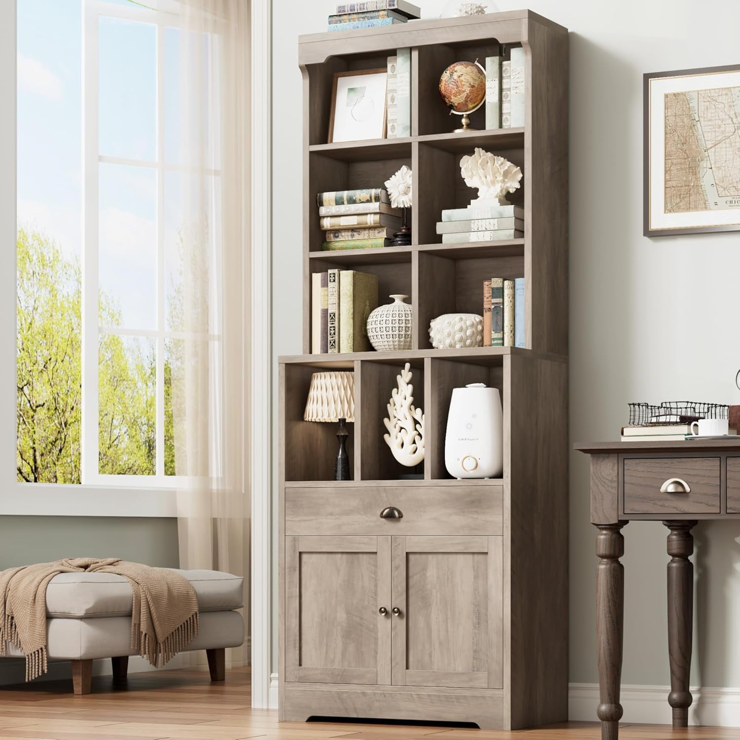 Keyluv 80” Tall Bookcase with Drawer and Doors, Grey Bookshelf with ...