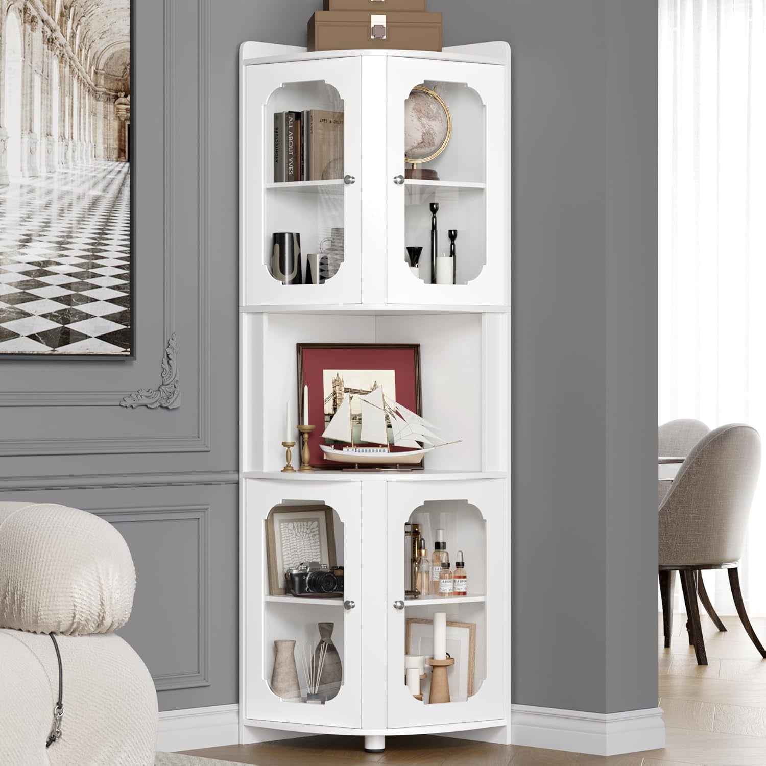Keyluv Corner Cabinet 69" Tall Storage Cabinet with 5-Tier Shelves Bookcase Glassed Doors ...
