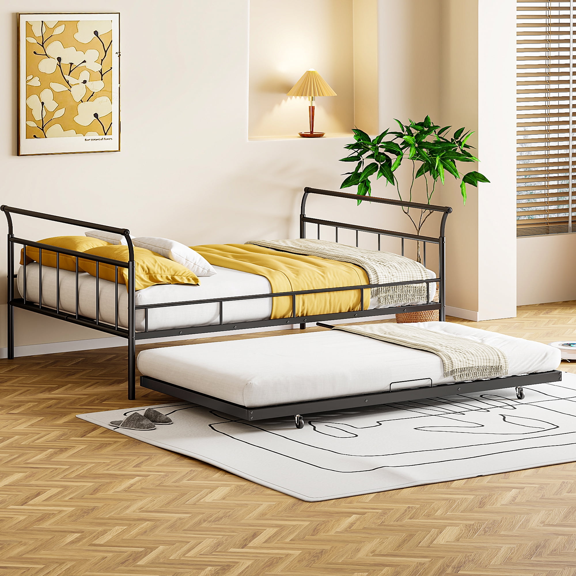 Keyluv Metal Full Size Daybed with Curved Handles, Twin Trundle, Sturdy ...