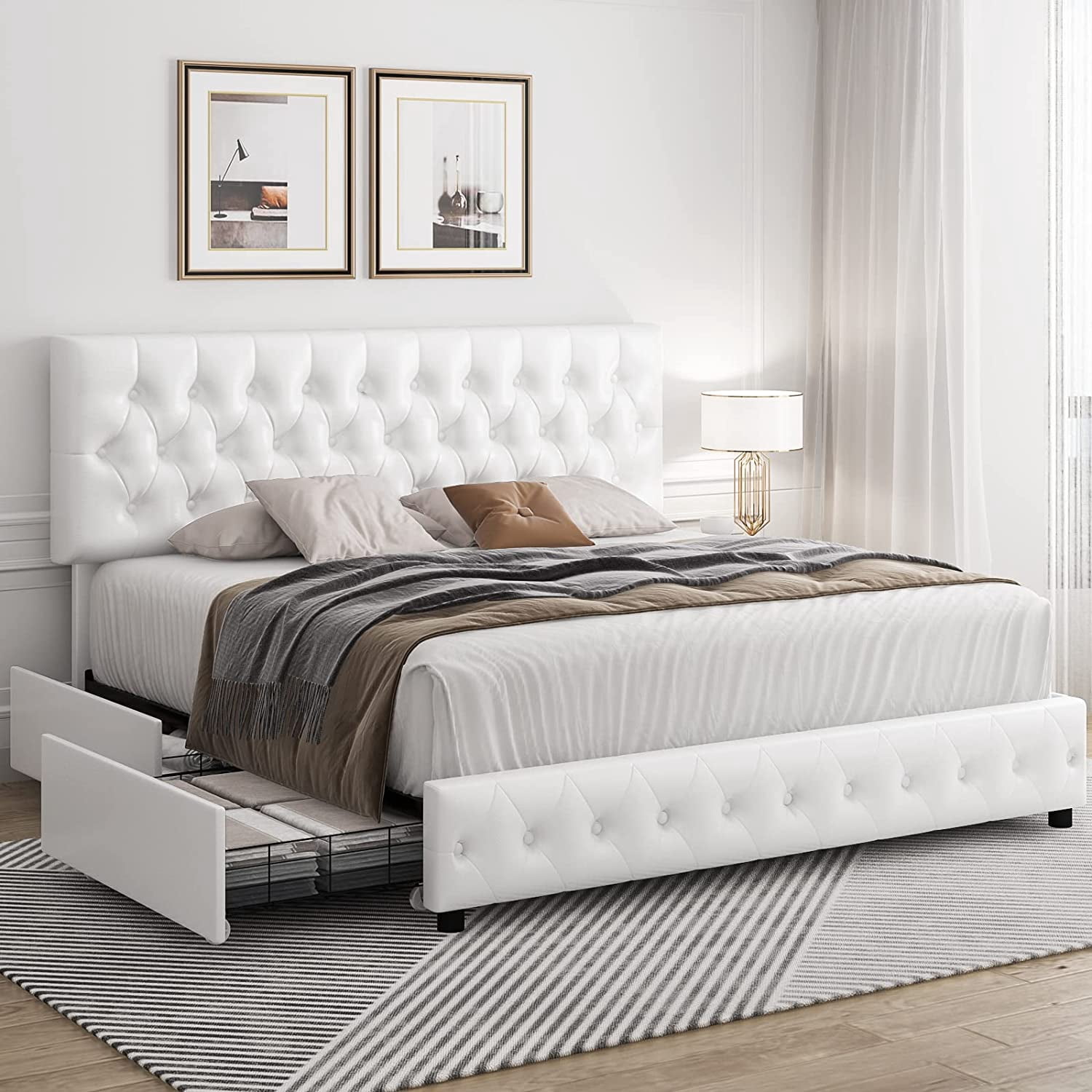 Keyluv Modern Upholstered Bed Frame with 4 Storage Drawers, Faux ...