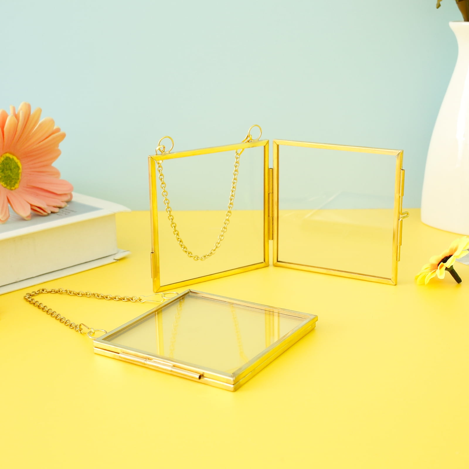 Keyohome 2Pcs Metal Glass Square Hanging Mini Photo Frames Double Sided ...