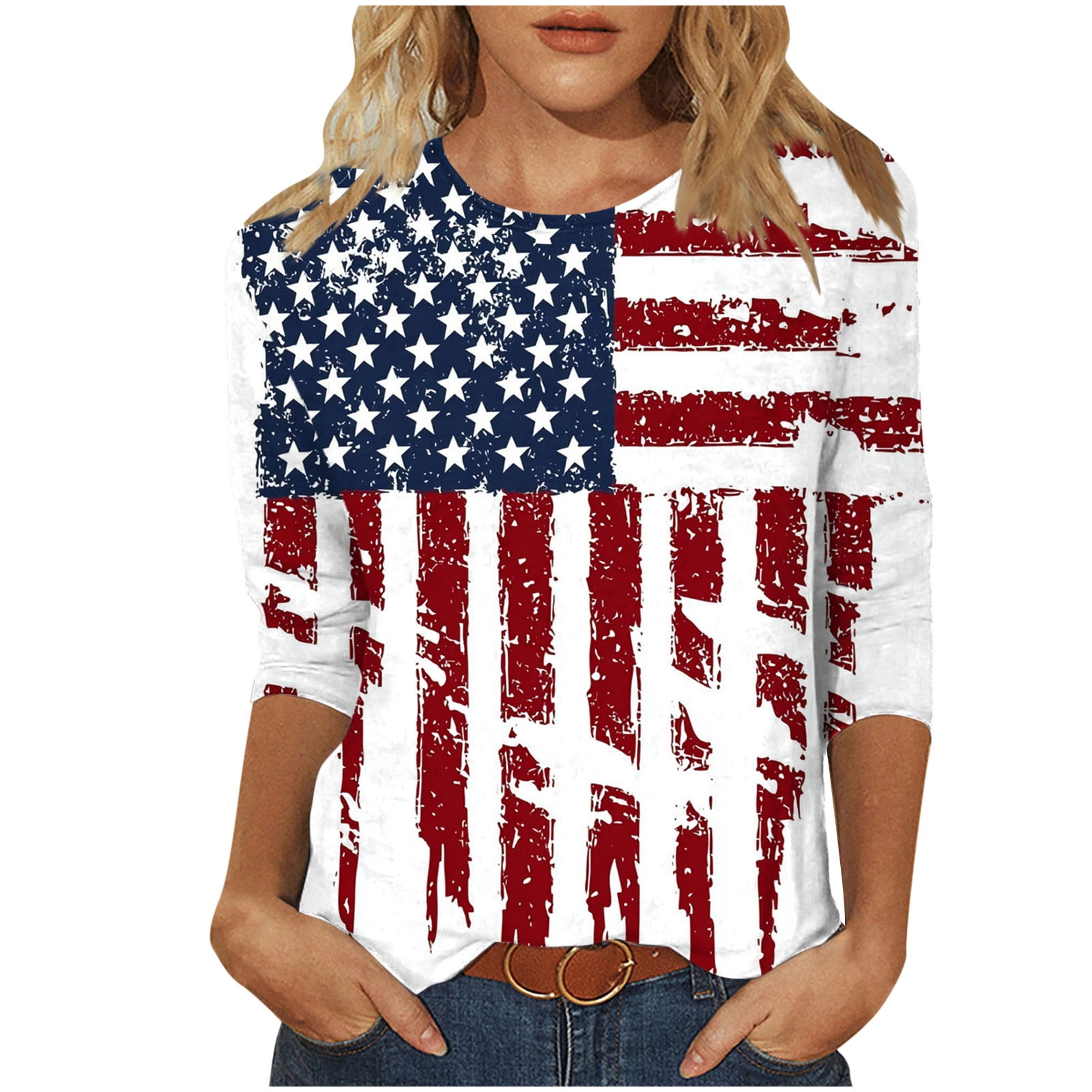 Kezqiaxn 4Th Of July 3/4 Length Sleeve Womens Tops Summer Crew Neck ...