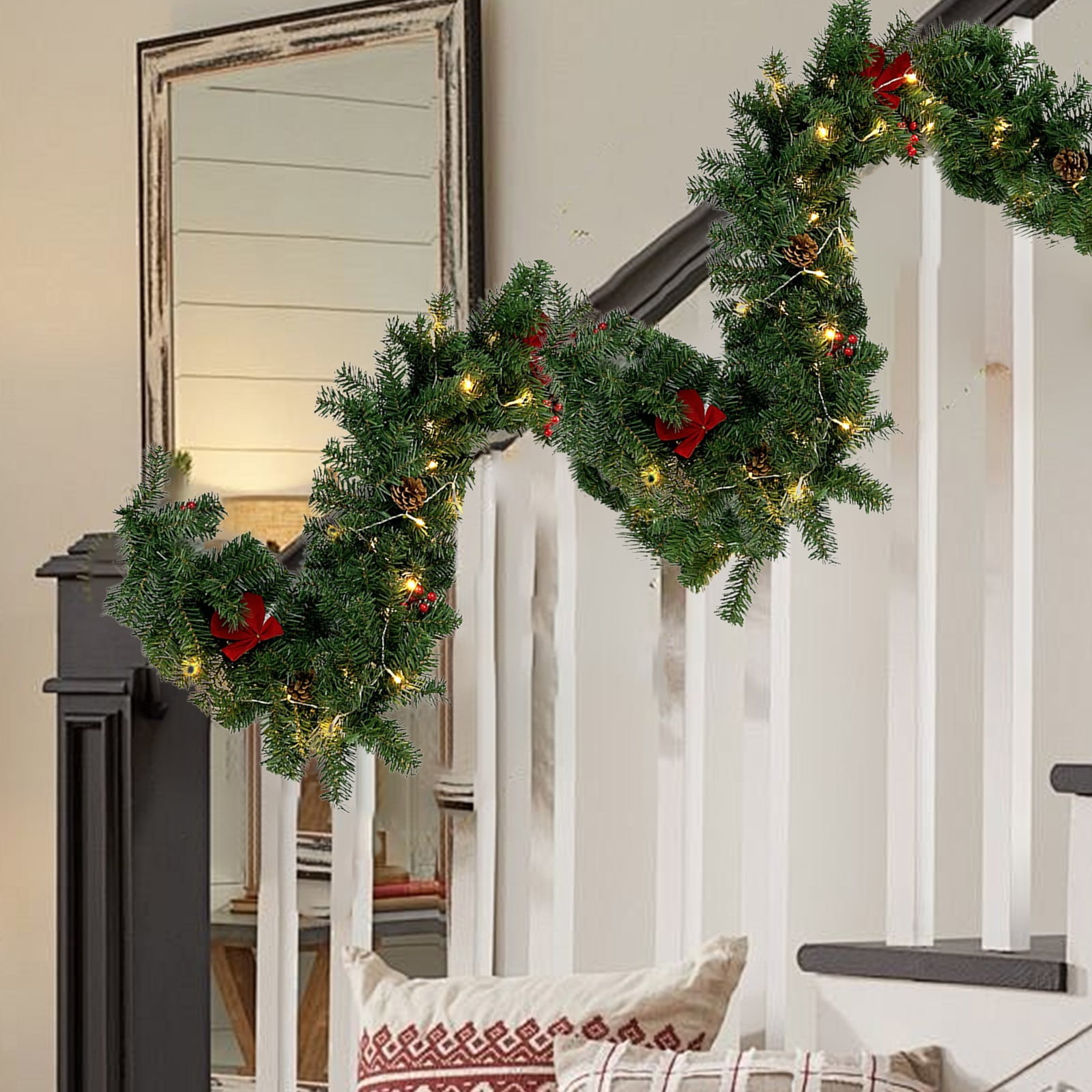 Kezqiaxn 5.91Ft Christmas Garlands with Lights, Pre-Lit Artificial Pines Needle Christmas ...