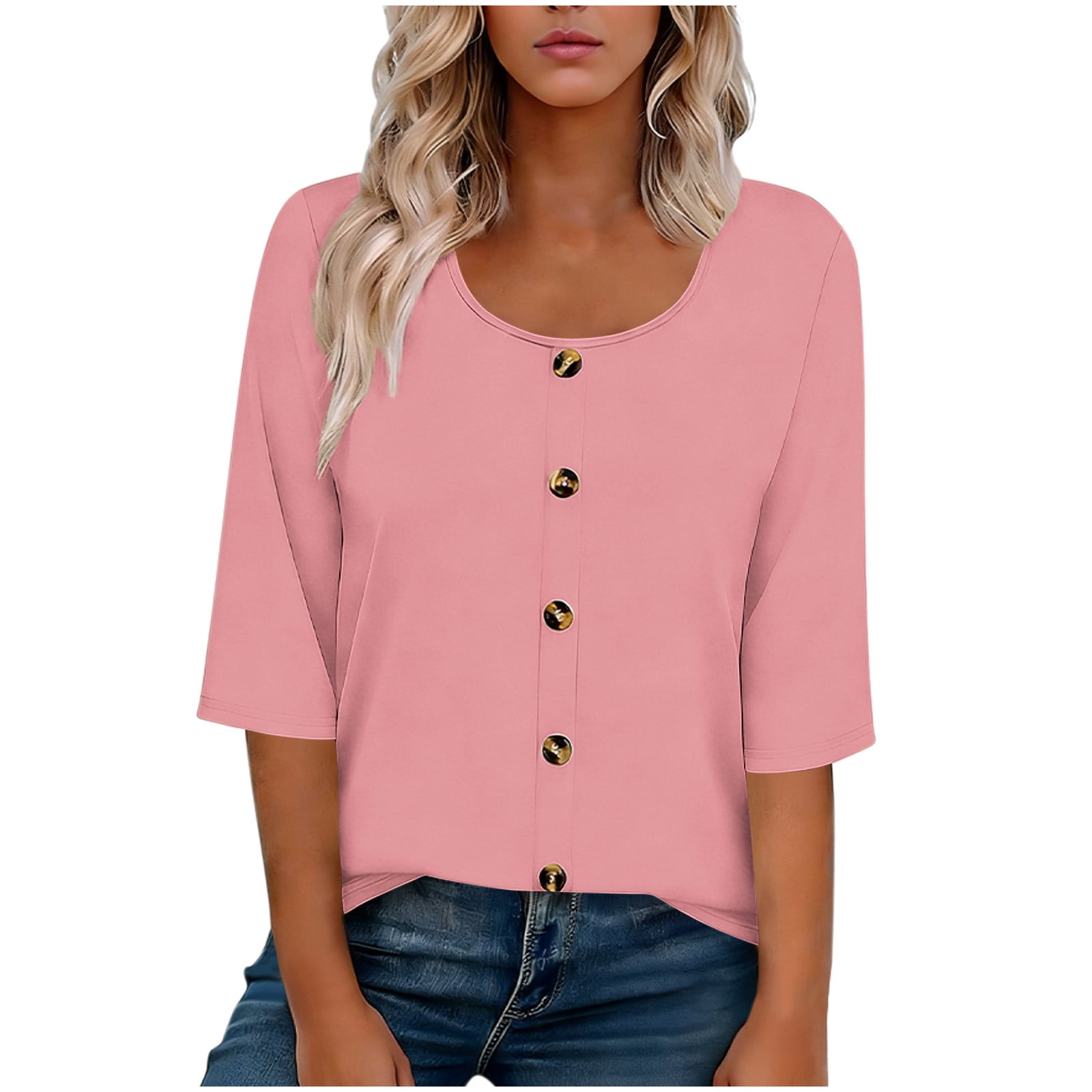 Kezqiaxn Button Down Shirts for Women 3/4 Sleeve Crew Neck Loose ...