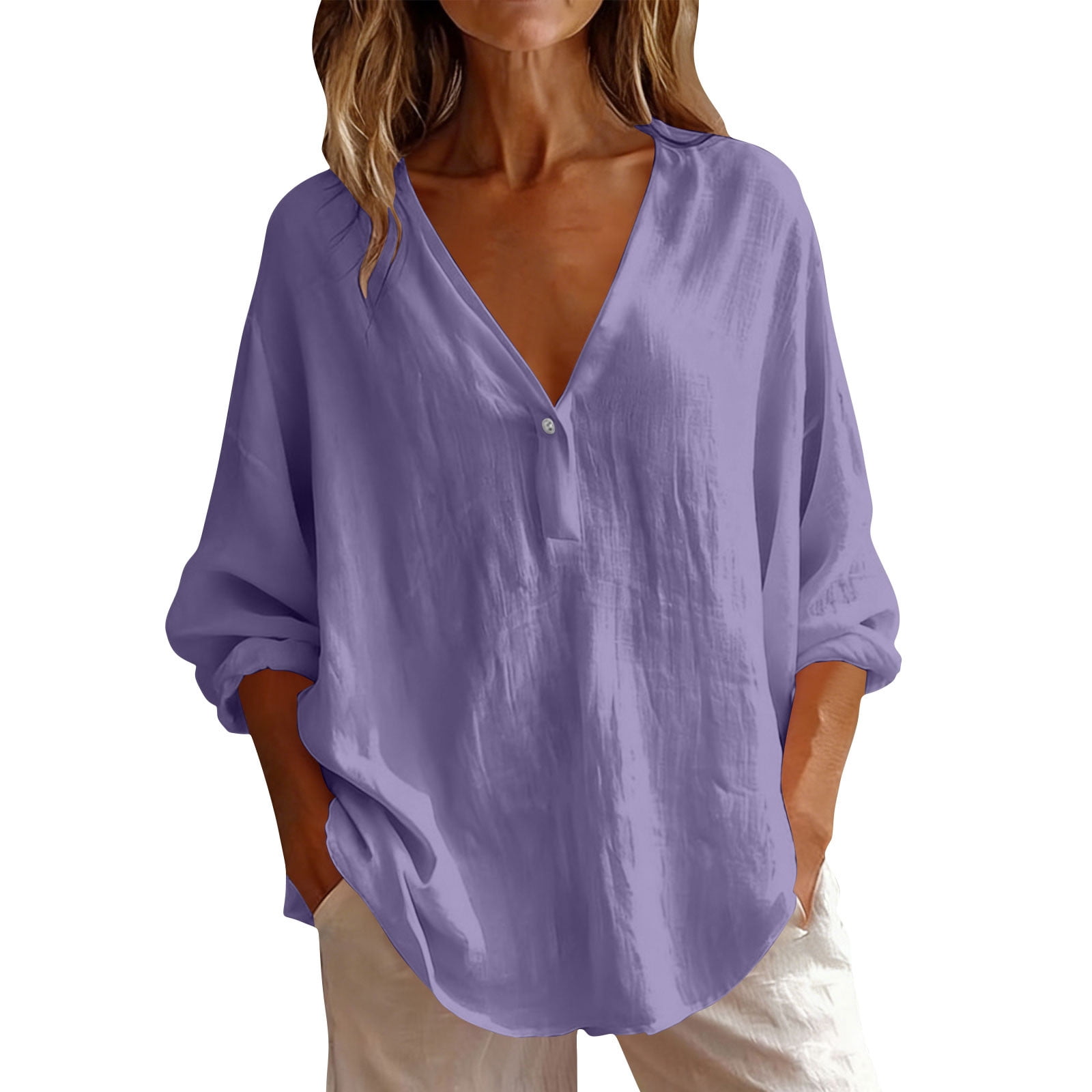 Kezqiaxn Dressy Tops for Women Summer Long Sleeve V-Neck Button Down ...