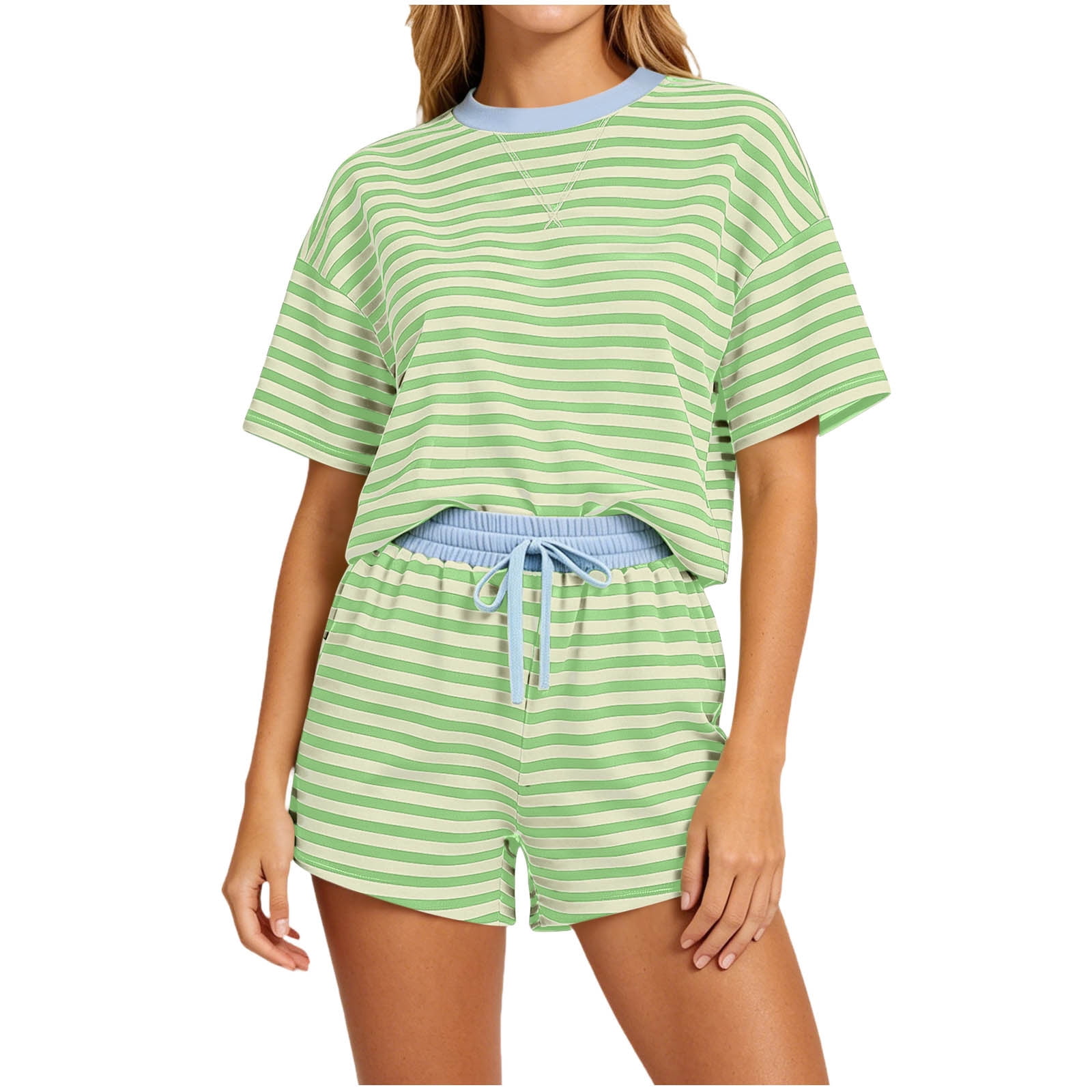 Kezqiaxn Matching Sets Women Clothing Striped Short Sleeve Tops ...