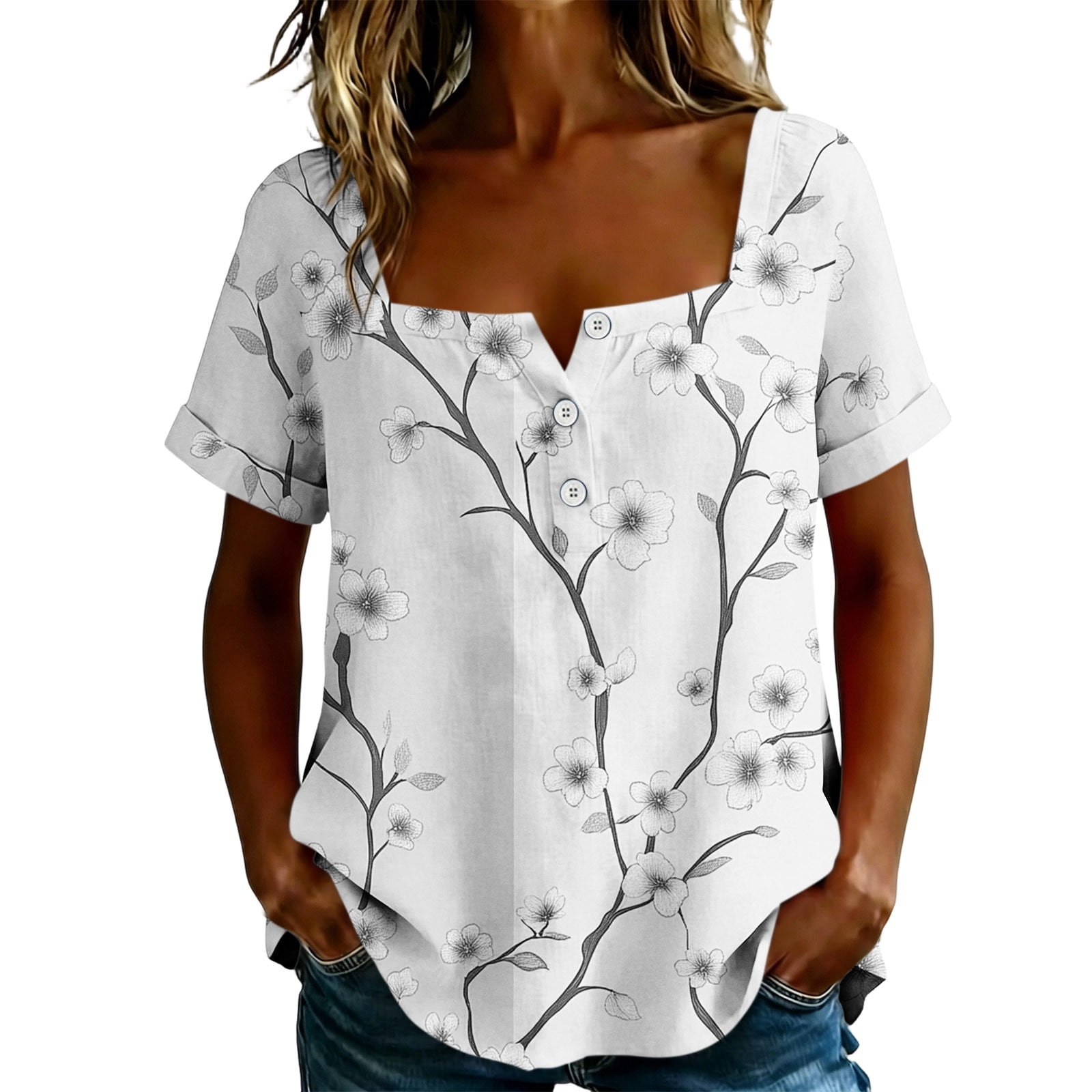 Kezqiaxn Plus Size Blouses for Women Floral Printed Short Sleeve Square ...