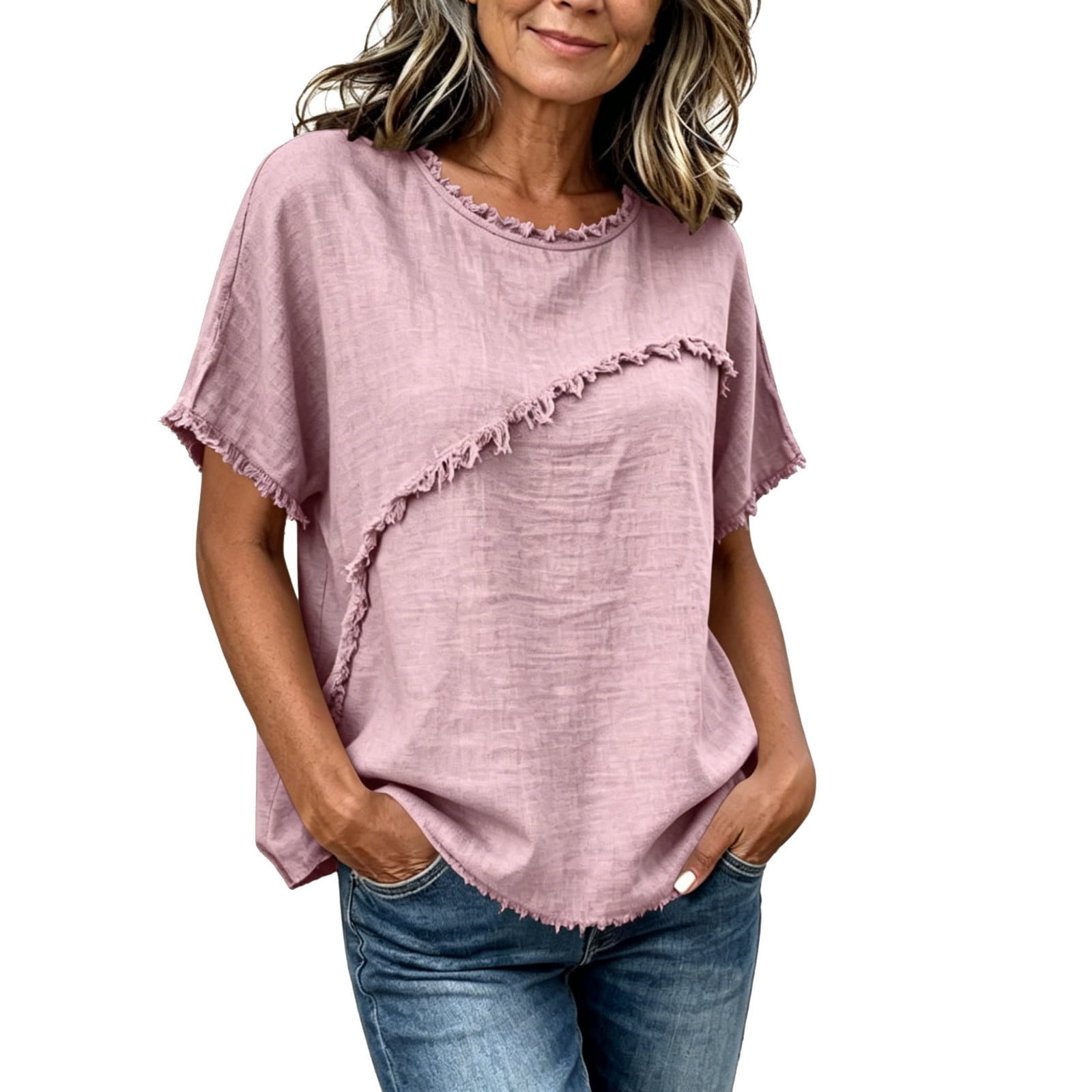 Kezqiaxn Short Sleeve Tops for Women Boho Crew Neck Casual Loose Shirts ...