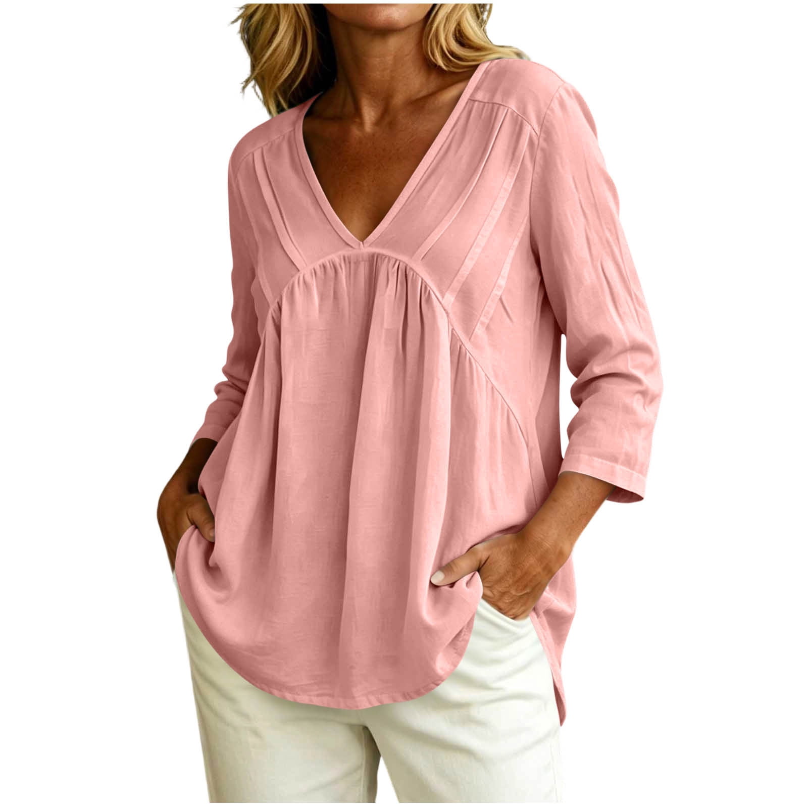 Kezqiaxn Womens 3/4 Sleeve Tops Summer Pleated V-Neck Loose Shirts ...