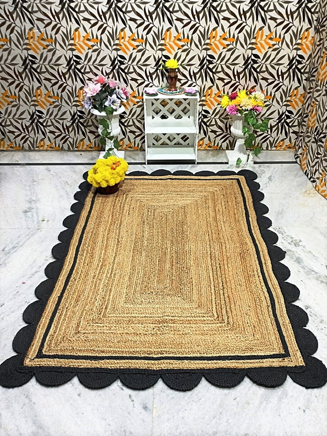Kh Handloom Handmade Braided Natural Pure Jute Area Rug , Black Boundry Floor Scalloped Rug ...