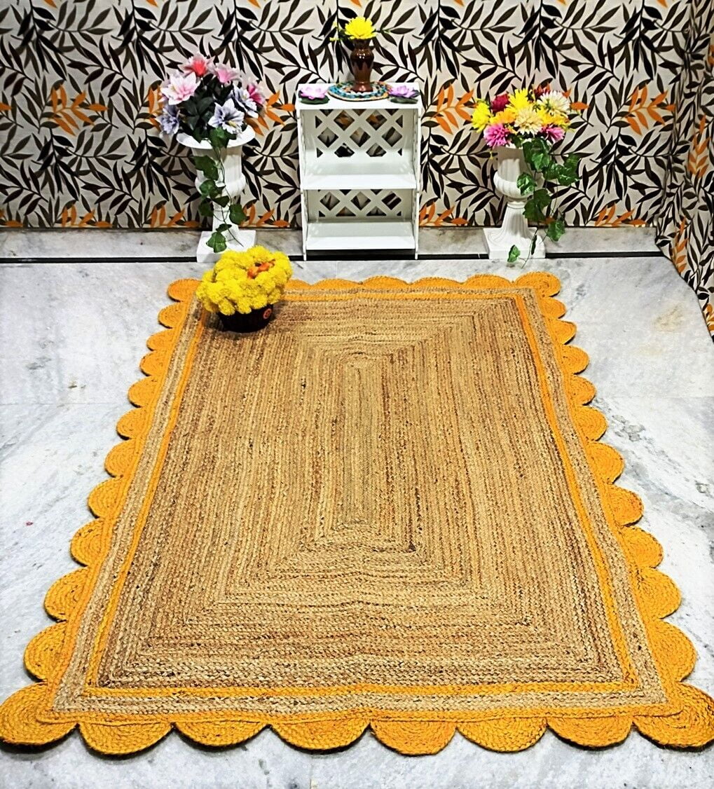 Kh Handloom Handmade Braided Natural Pure Jute Area Rug Yellow Boundry ...