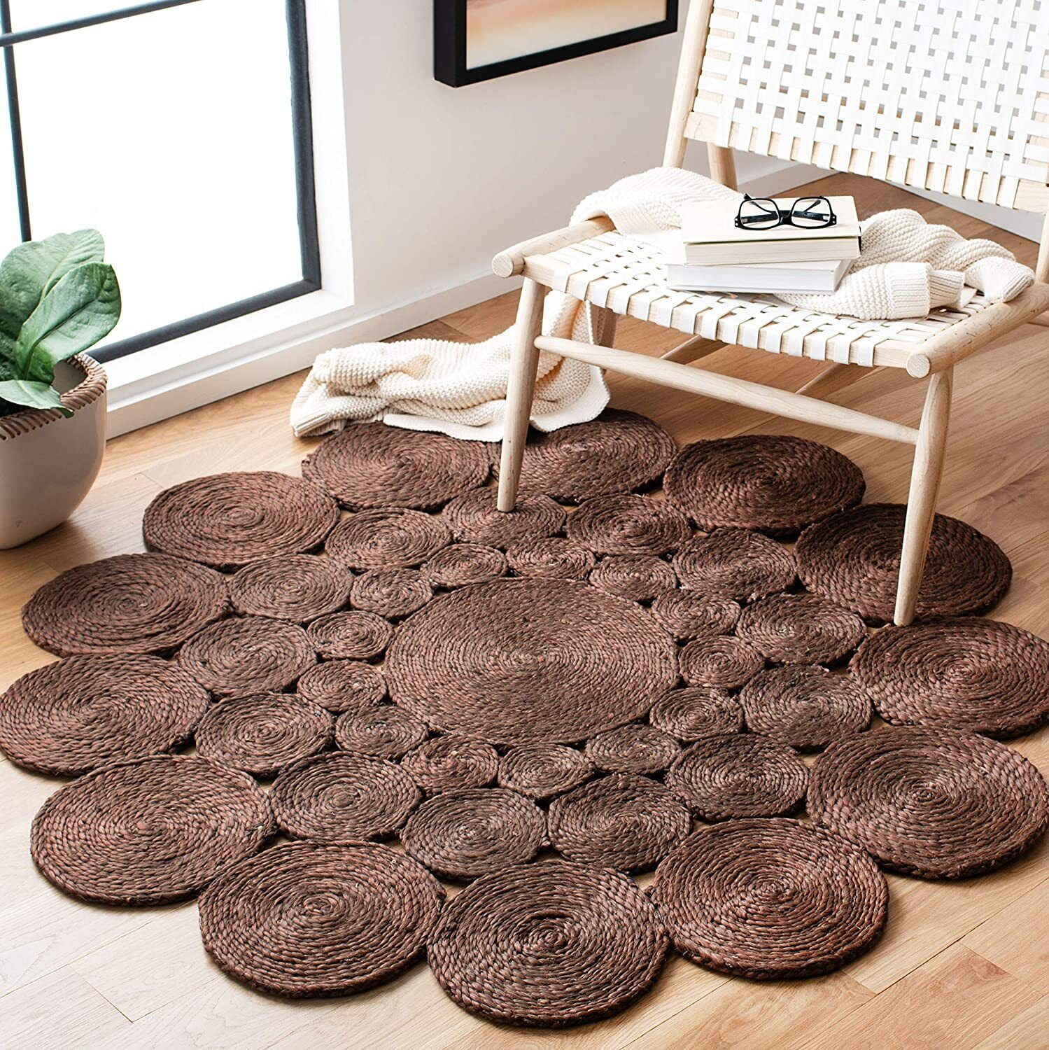 Kh Handloom Handmade Hand Braided Flower Shape Natural Jute Round Area Rug, Carpet for Living ...