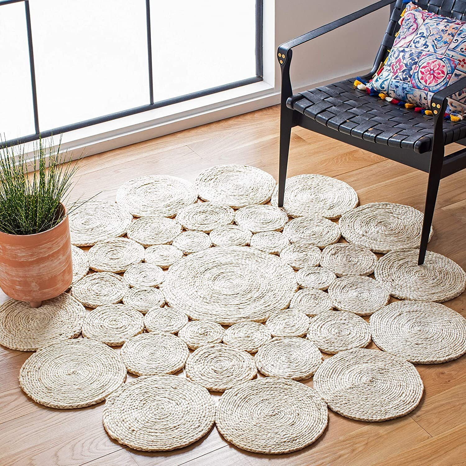 Kh Handloom Handmade Hand Braided Flower Shape Natural Jute Round Area Rug, Carpet for Living ...