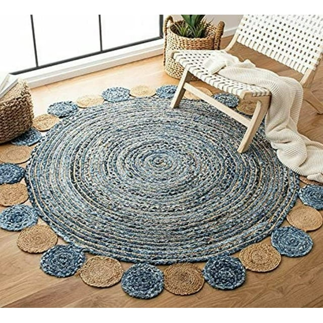 Kh Handloom Handmade Hand Braided Natural Jute and Denim Round Floor Area Rug , Floor Carpet Rug ...