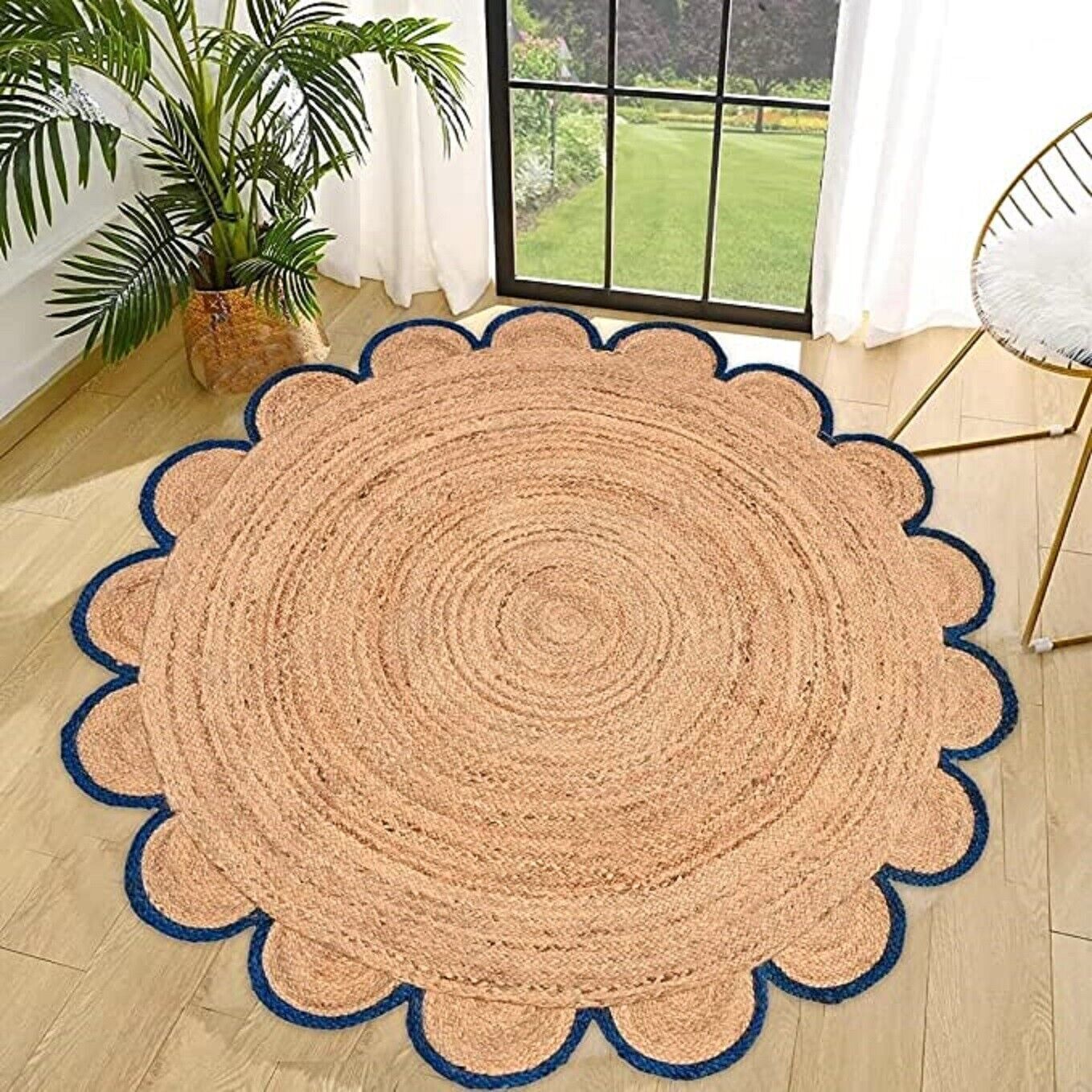 Kh Handloom Handwoven Braided Natural Jute Round Rug With Blue Border Design , Scalloped Rug ...