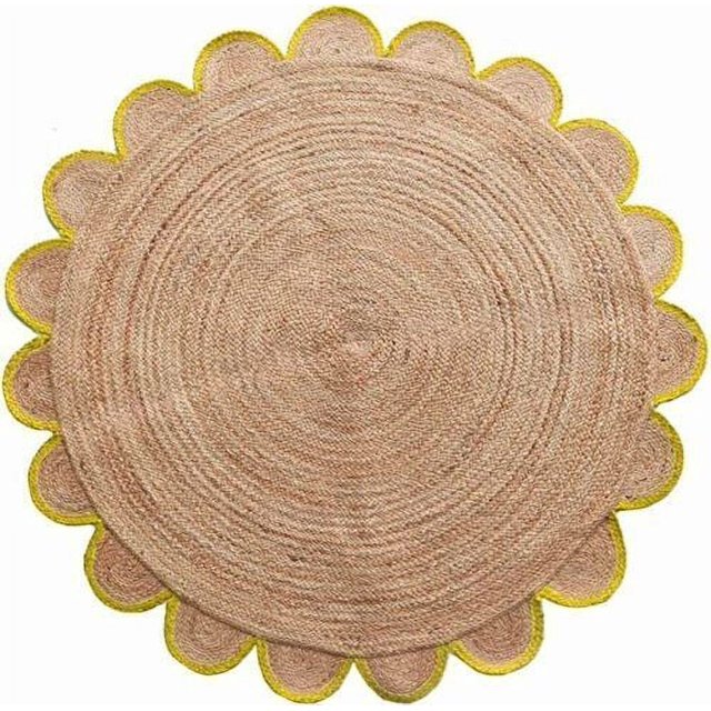 Kh Handloom Handwoven Braided Natural Jute Round Rug With Yellow Border ...
