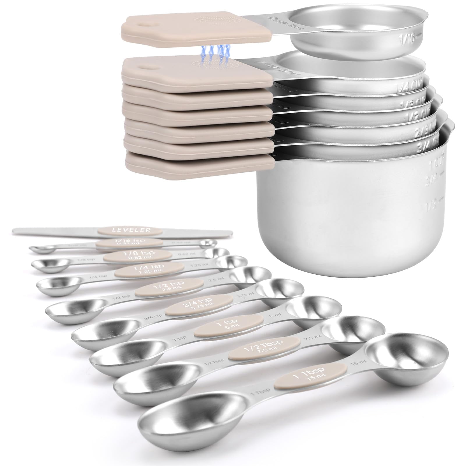 Khaki 16-Piece Magnetic 304 Stainless Steel Measuring Cups and Spoons ...