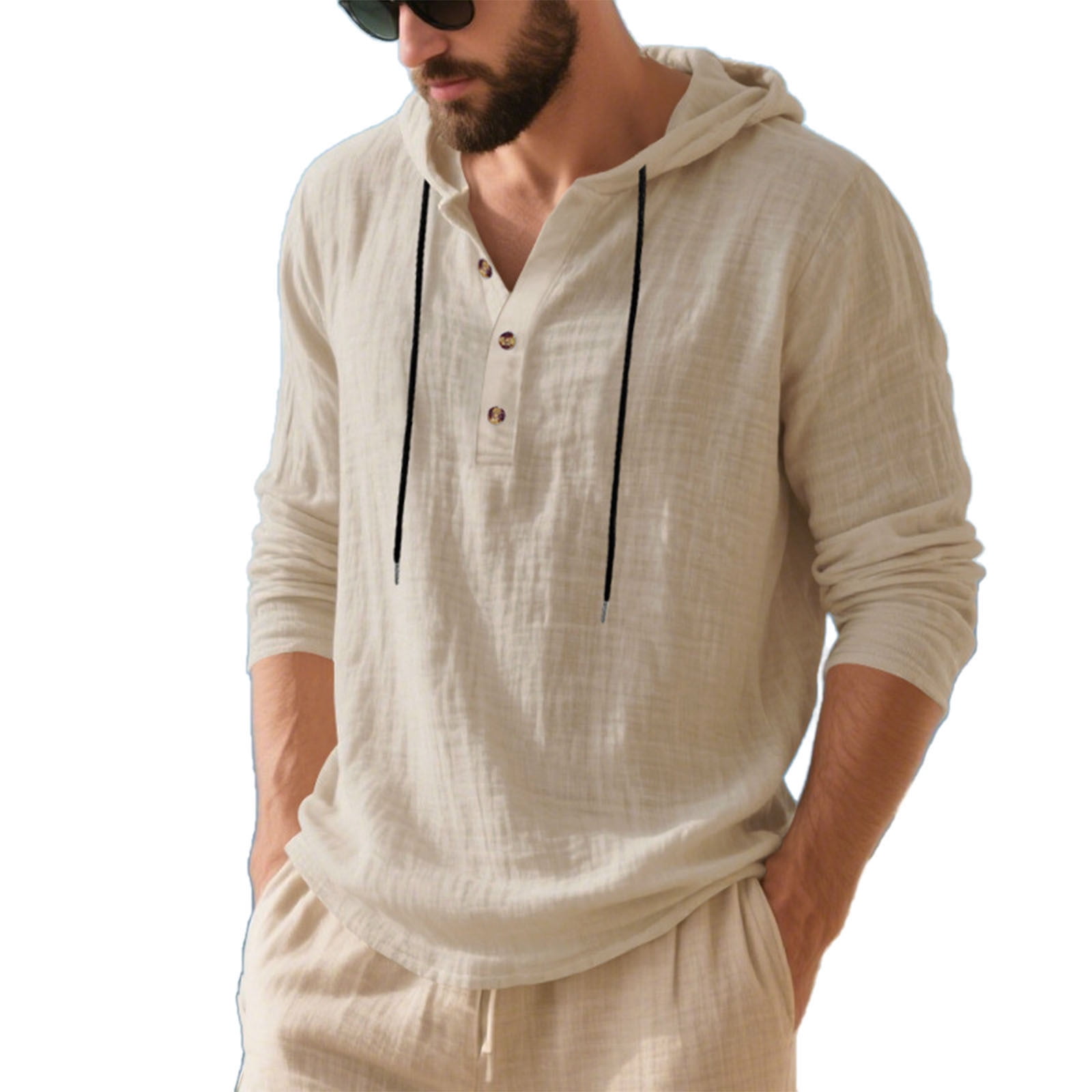 Khaki Beach Brunch Button Hood for Man Fall Summer Long Sleeve Henley Faux Gauze Linen Hawaiian ...