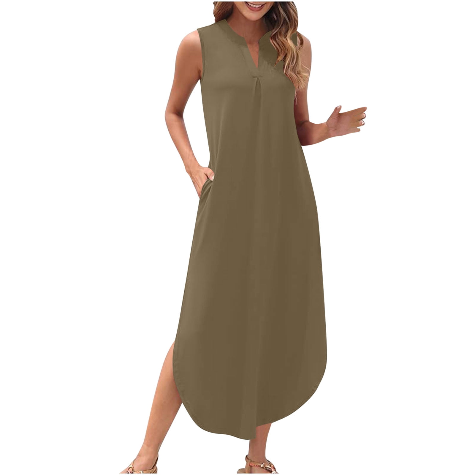 Khaki Beach Lounge Sundresses for Ladies Fall Summer Sleeveless V Neck ...