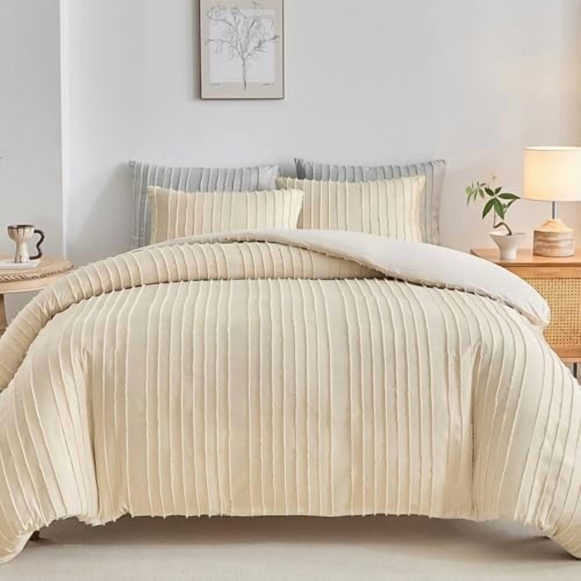 Khaki Boho Duvet Cover Twin Size, Striped Textured Duvet Cover Tufted ...