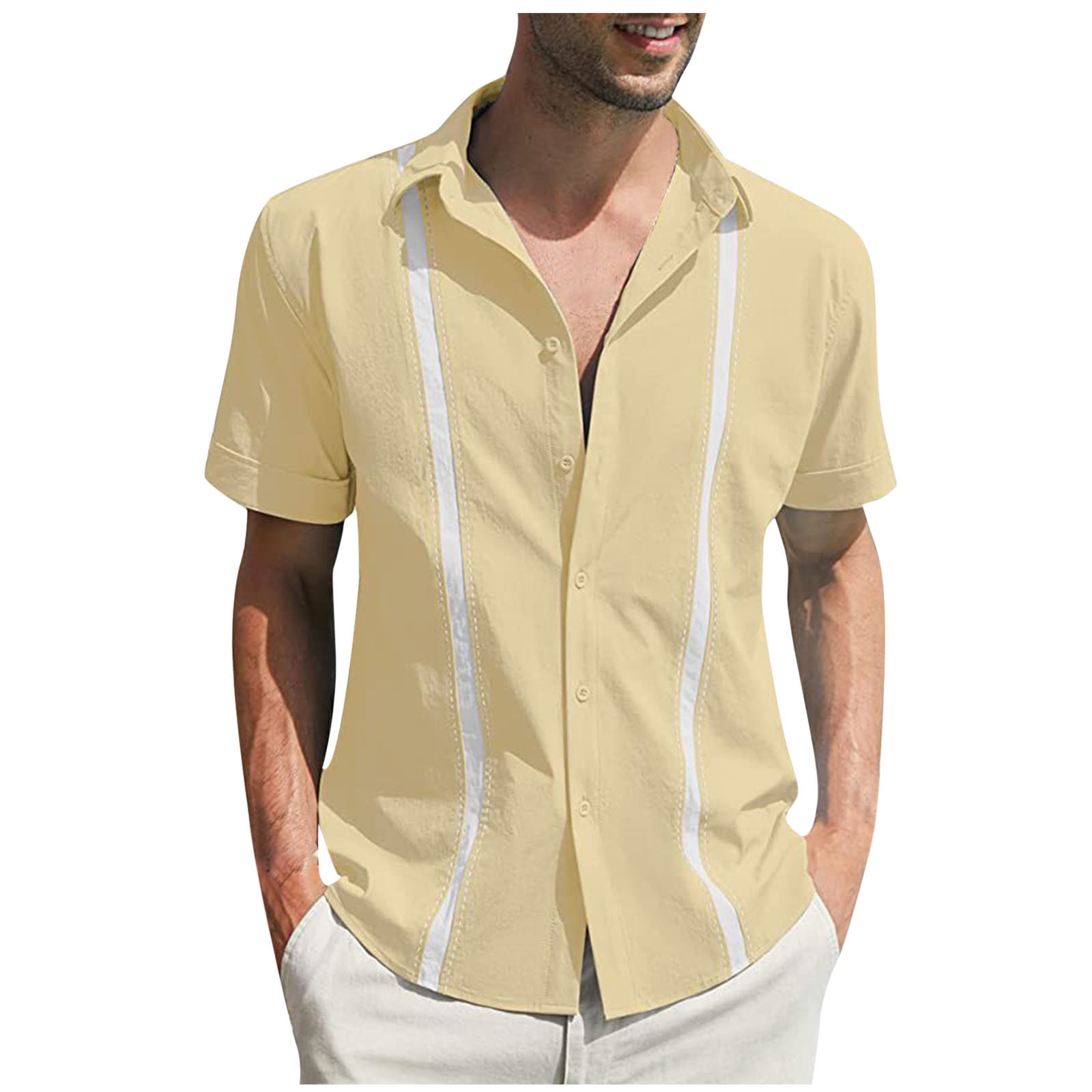Khaki Cardigan Casual Tops for Mens Summer Fall Short Sleeve Collared ...