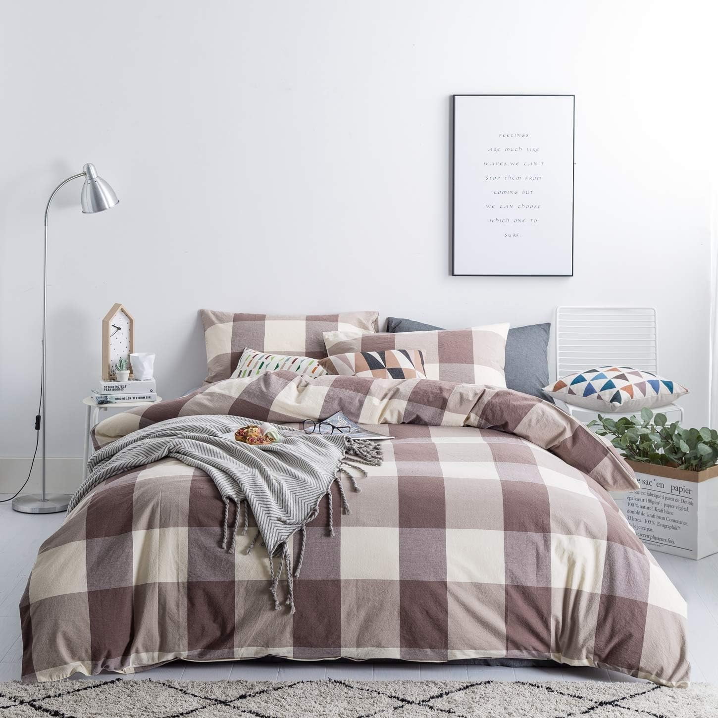 Khaki Checkered Duvet Cover Queen 100% Washed Cotton Brown Plaid Duvet ...