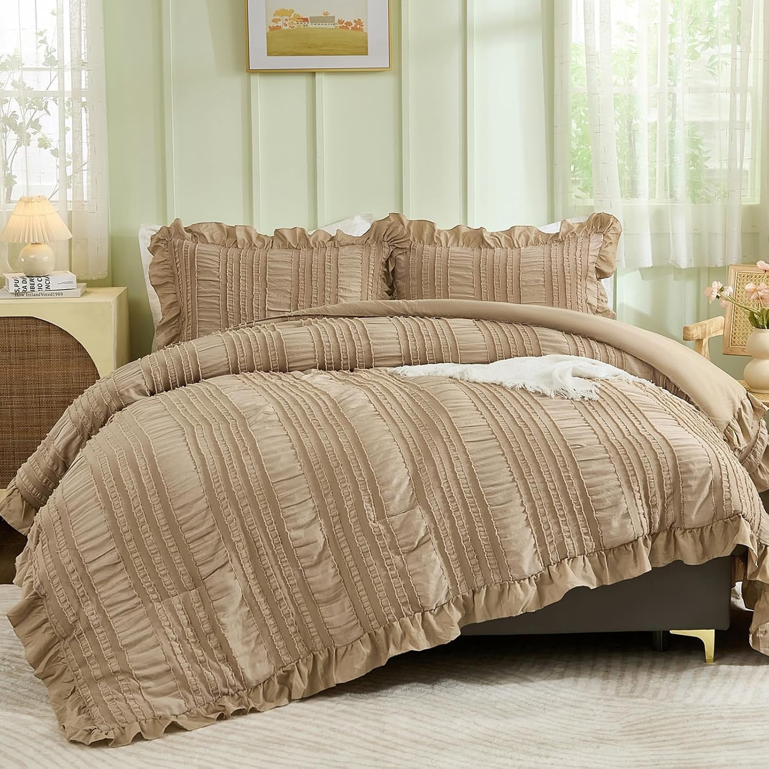 Khaki Comforter Set King,3 Pieces Ruffle Farmhouse Shabby Chic ...